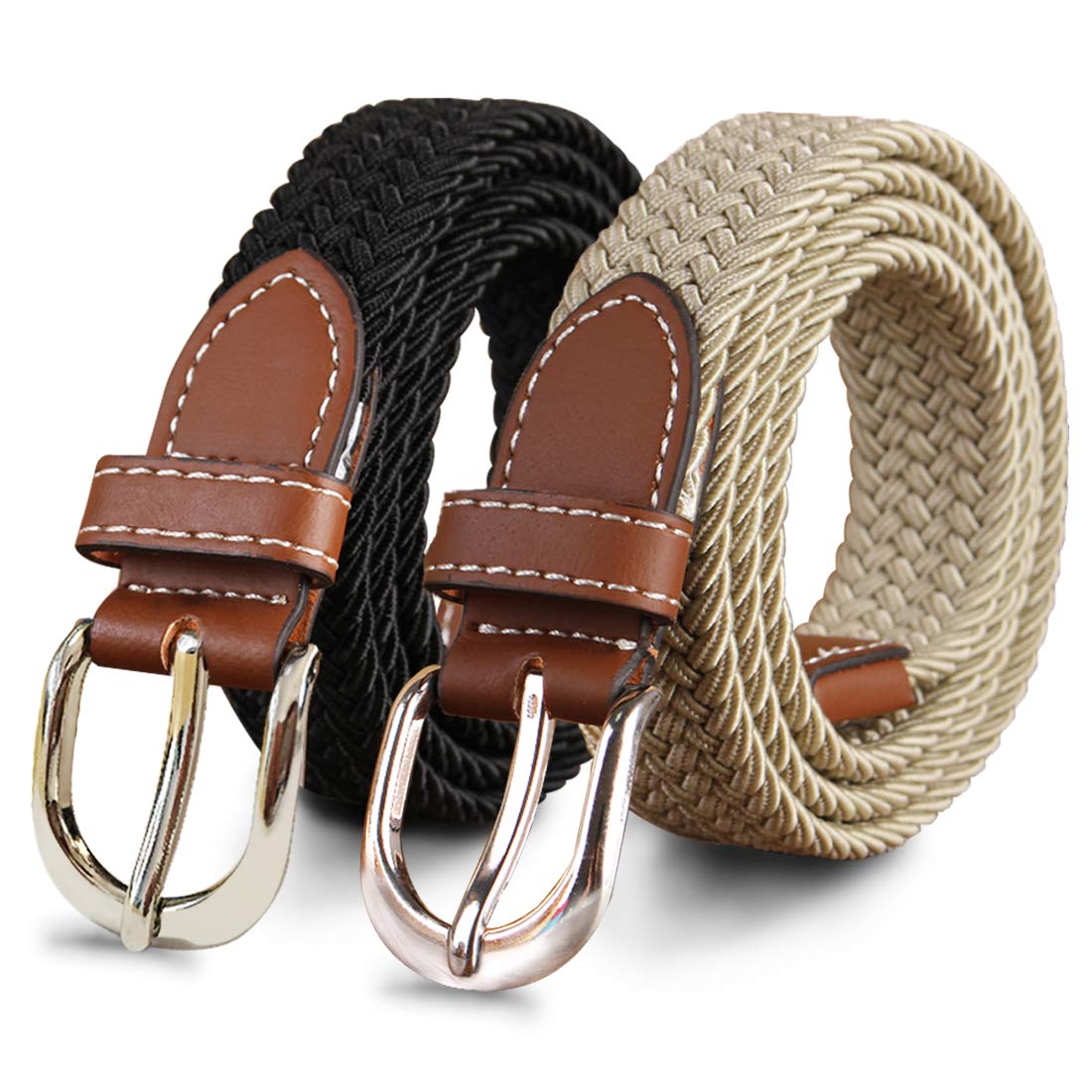 YUCFOREN 2 Pack 1'' Narrow Width Elastic Belt, Stretch Braided Skinny Fabric Woven Women or Girl Jeans Dress Casual Belt