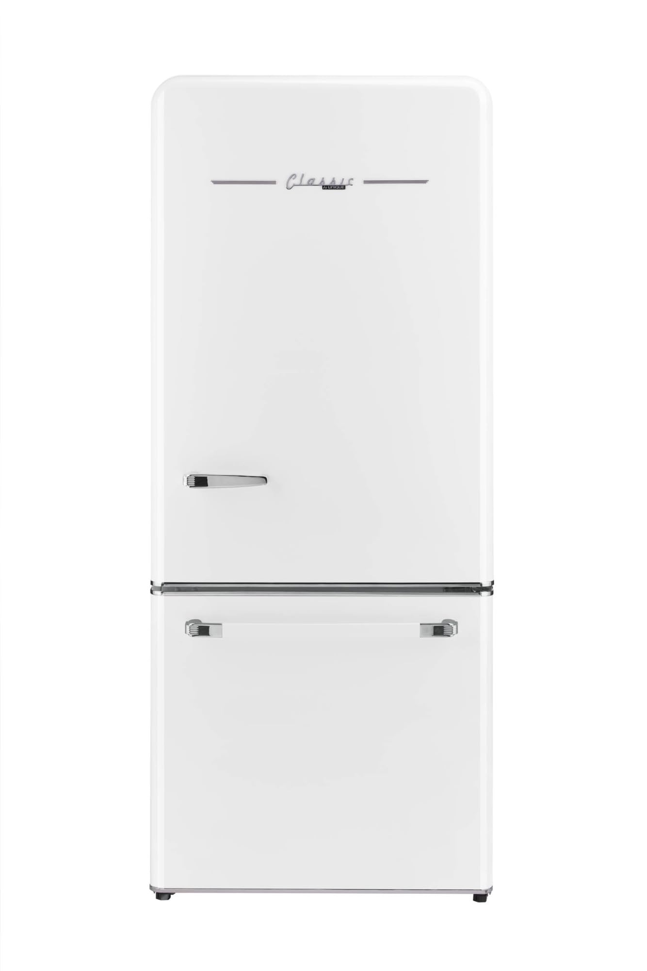 Unique Appliances UGP-510L W AC Classic Retro Electric Bottom-Mount Refrigerator, Marshmallow White; No Frost; Adjustable Glass Shelves; 18 cu. ft; Adjustable 3-bottle Wine Rack; LED Lighting