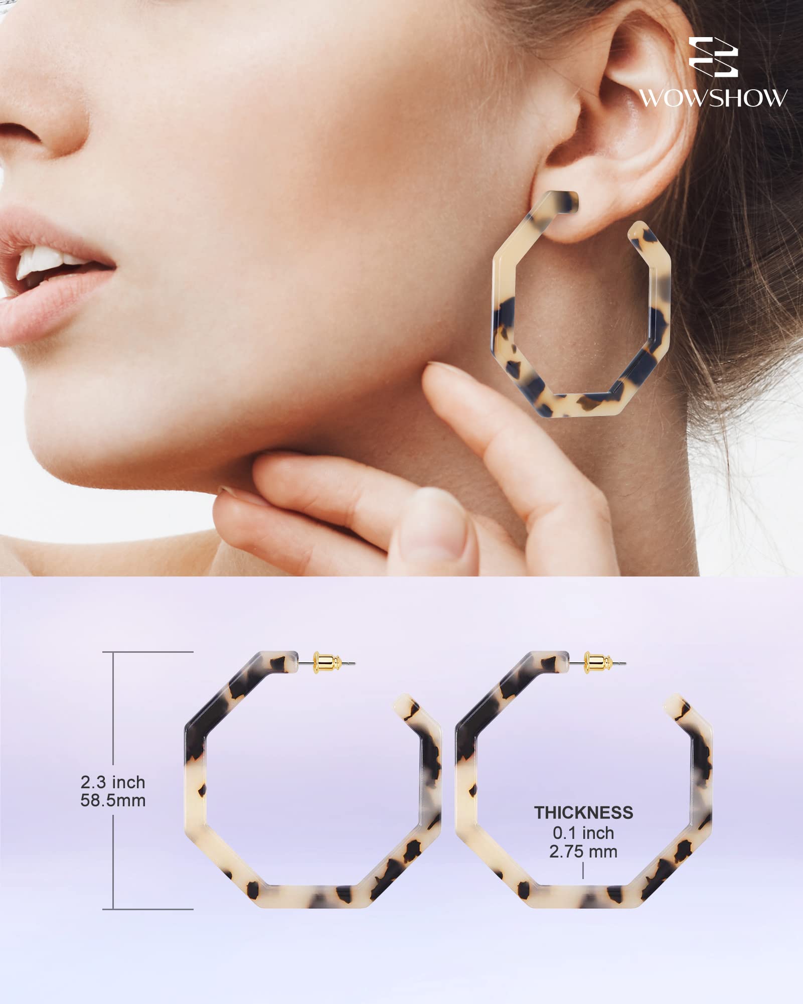 wowshow Acrylic Resin Hoop Earrings for Women Statement Fashion Geometric Octagon Earrings