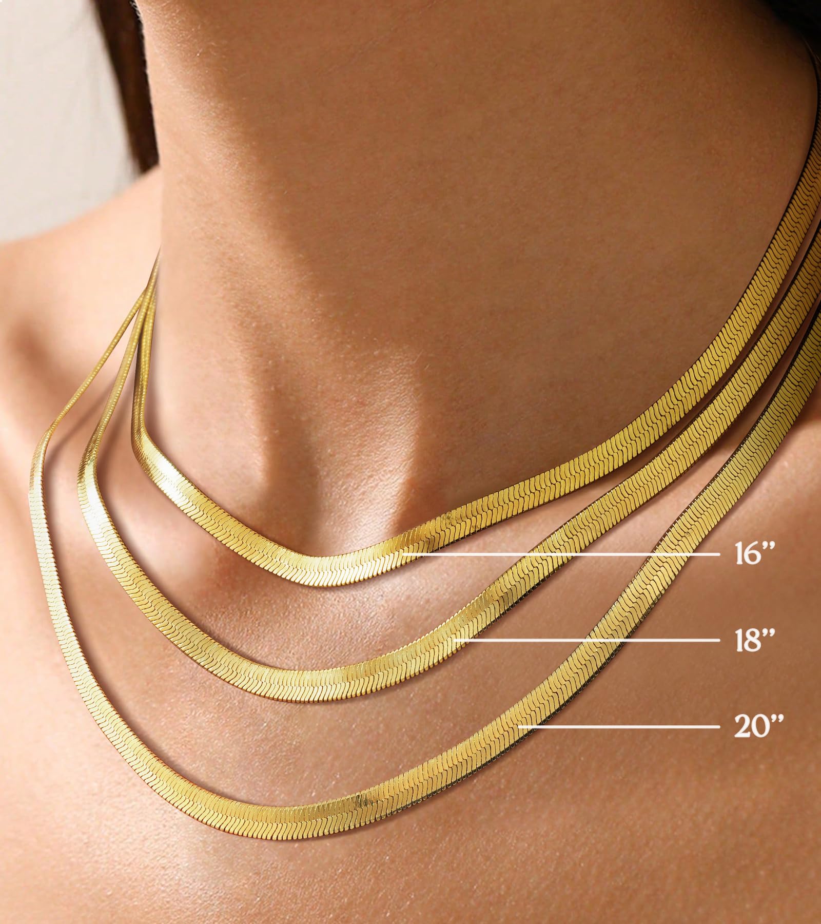 Wowshow Real Gold Plated Italian Snake Chain Necklace Flat Herringbone Choker Dainty Necklace for Women 4.5MM 18 Inch