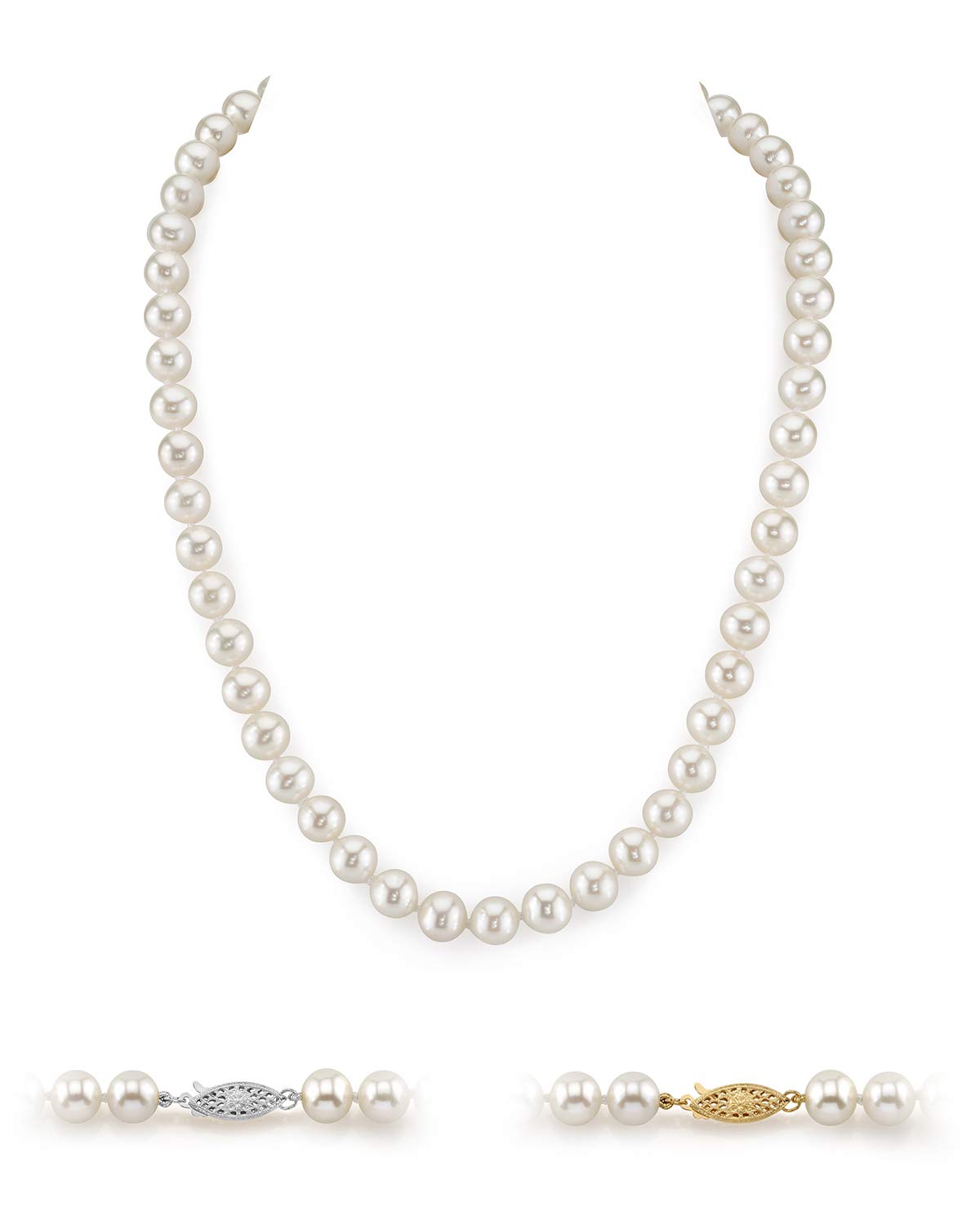 The Pearl Source 14K Gold 8-9mm AAA Quality Round White Freshwater Cultured Pearl Necklace for Women in 20" Matinee Length