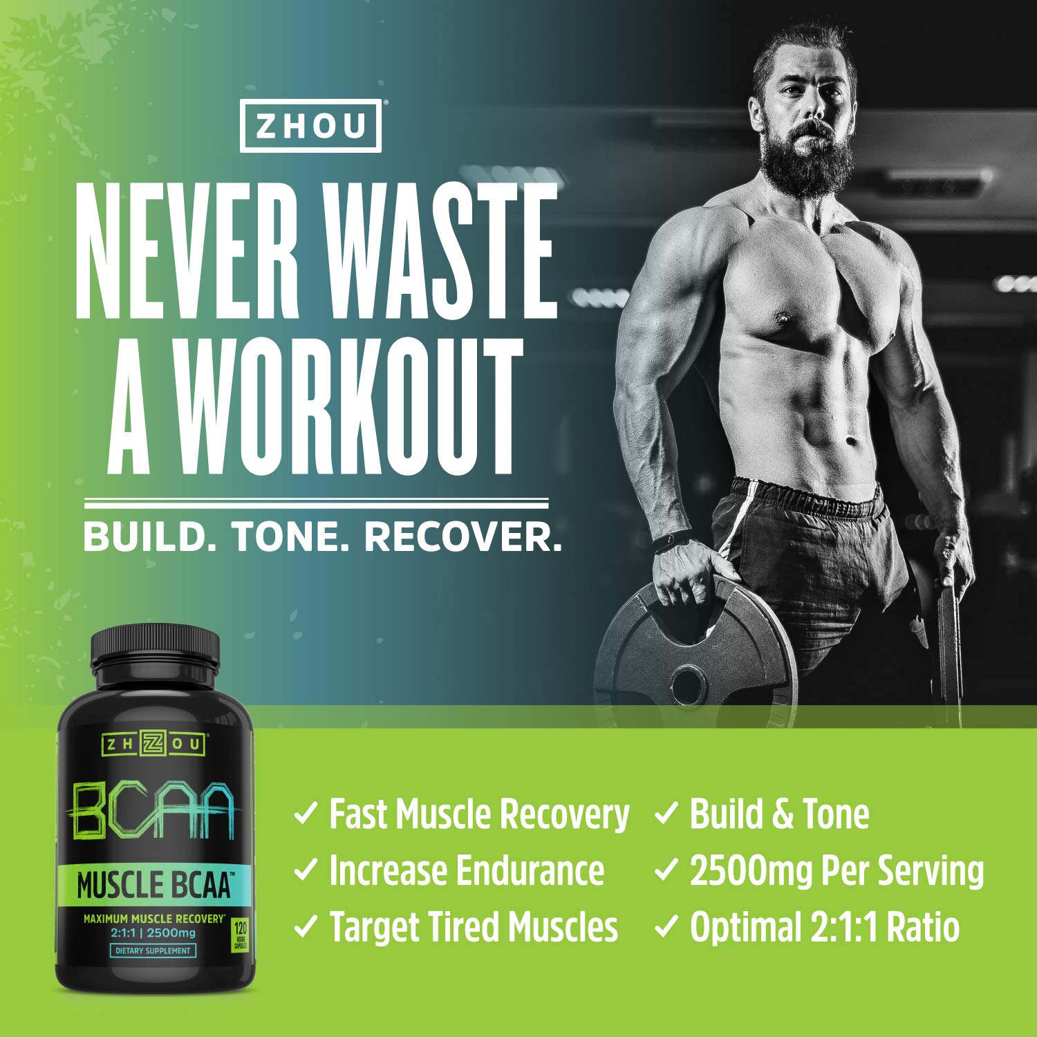 Zhou Muscle BCAA | Branched Chain Amino Acids | Build Muscle, Improve Recovery, and Increase Endurance | 30 Servings, 120 Capsules