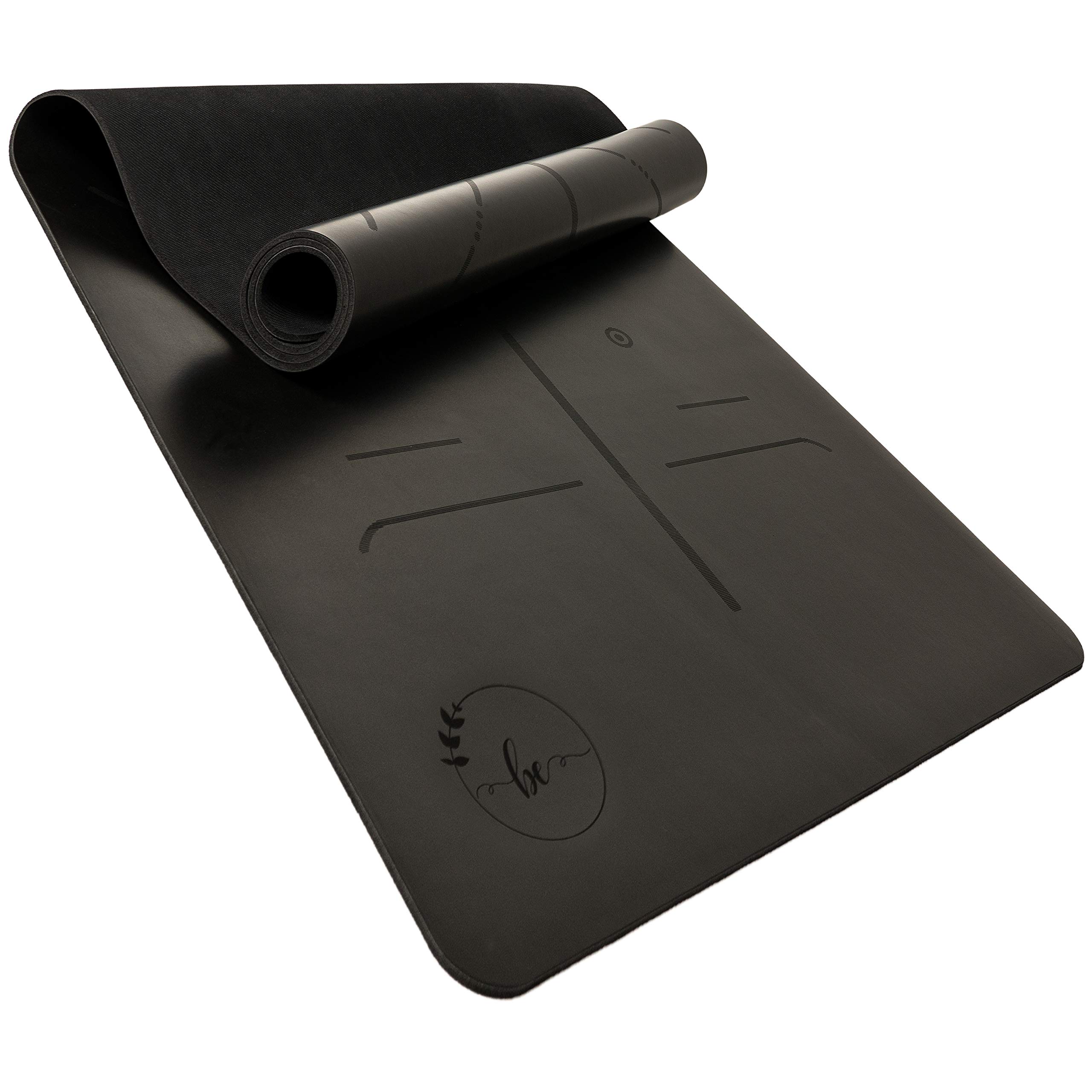 Yoga Mat 5mm Thick BE Premium Yoga Exercise Mat with Carry Strap, ARC Alignment Dry Grip Pro Technology - Moisture Wicking 100% Polyurethane Leather Top and Non-Slip Rubber Bottom for Hot Yoga,