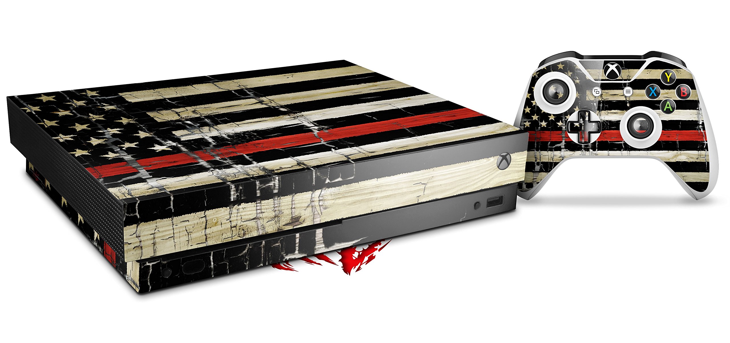 WraptorSkinz Decal Vinyl Skin Wrap Compatible with Xbox One X Console and Controller - Painted Faded and Cracked Red Line USA American Flag