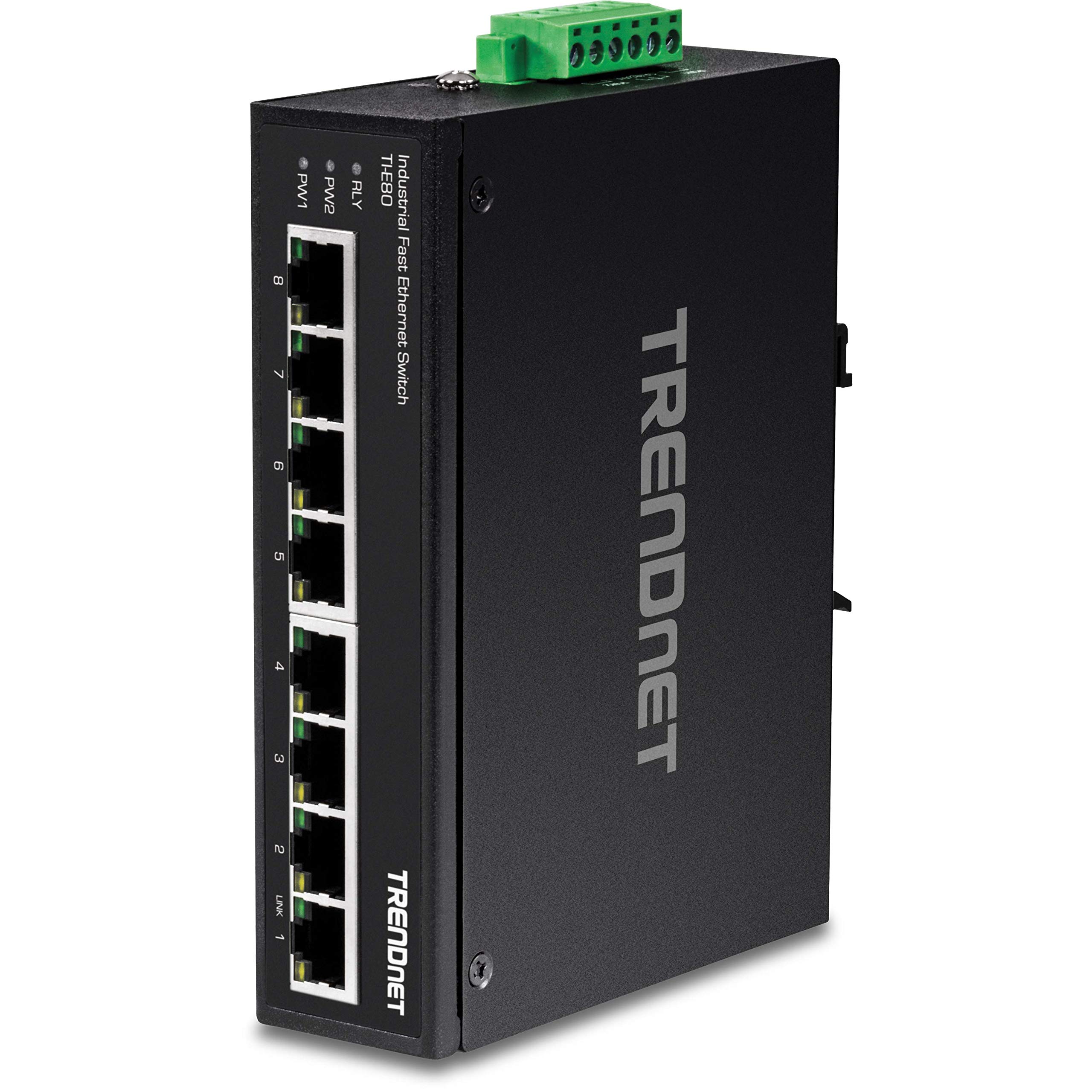 TRENDnet 8-Port Industrial Unmanaged Fast Ethernet DIN-Rail Switch, TI-E80 8 x Fast Ethernet Ports, 1.6Gbps Switching Capacity, IP30 Metal Switch, Lifetime Protection, Black