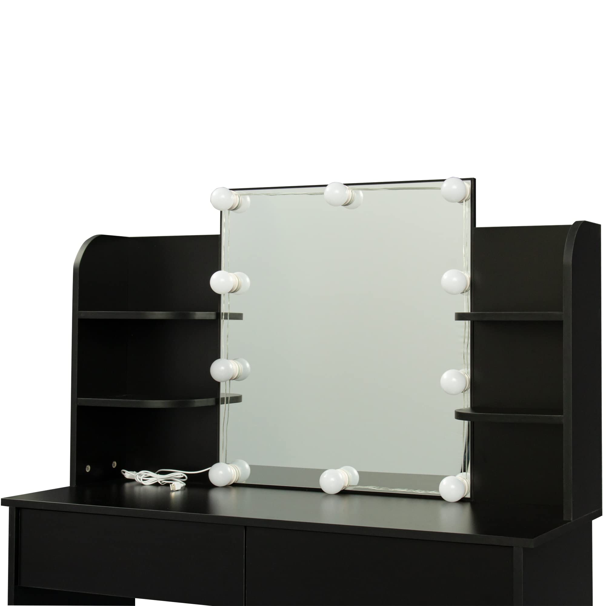 Tiophome Makeup Vanity Desk with LED Mirror & 10 Lights, Large Storage with 2 Drawer & 6 Open Shelves, Adjustable Brightness, Bedroom Dresser Dressing Table, Black