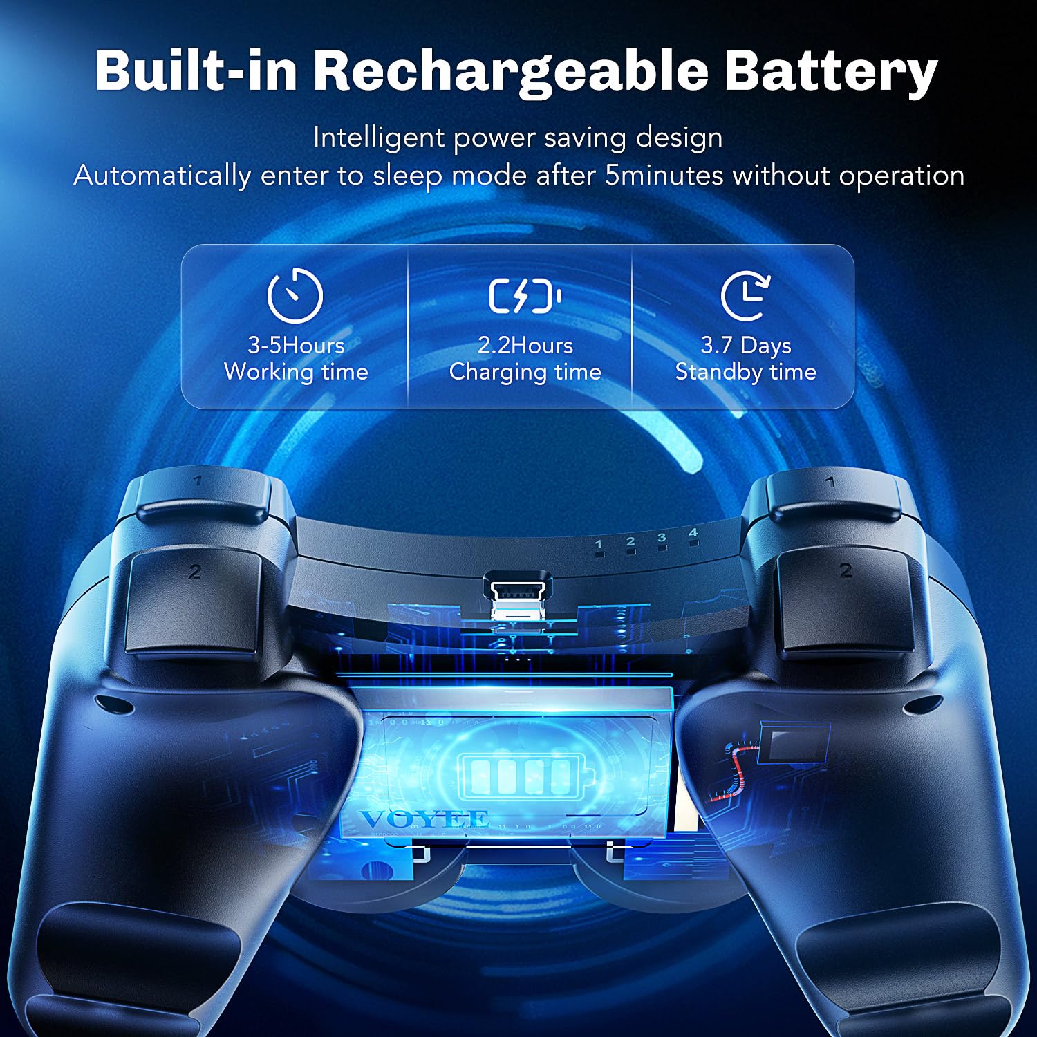 VOYEE Wireless Controller Compatible with Playstation 3, PS-3 Controller with Upgraded Joystick/Rechargerable Battery/Motion Control/Double Shock (Black)