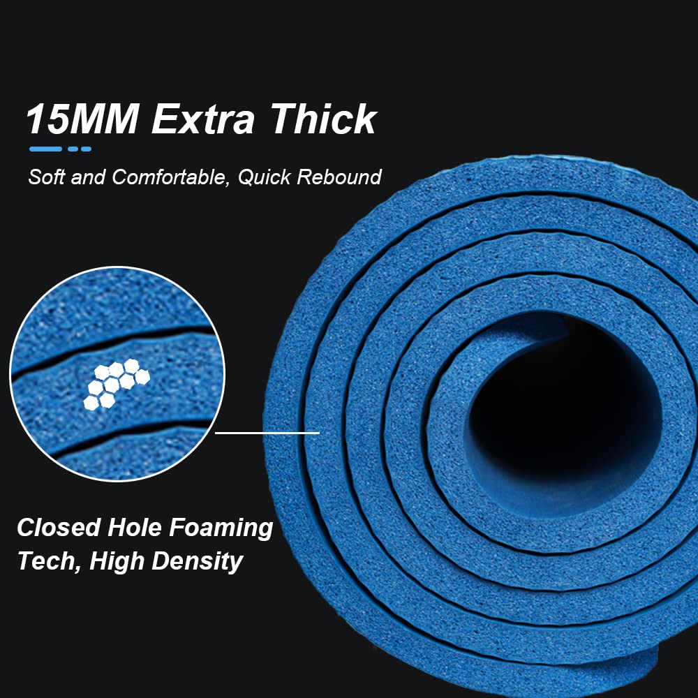 YUREN Large Yoga Mat Extra Wide Workout Mat for Home, 72"x35"x15mm Thick Yoga Mat for Men, High Density Gym Mat with Carrying Strap - Blue