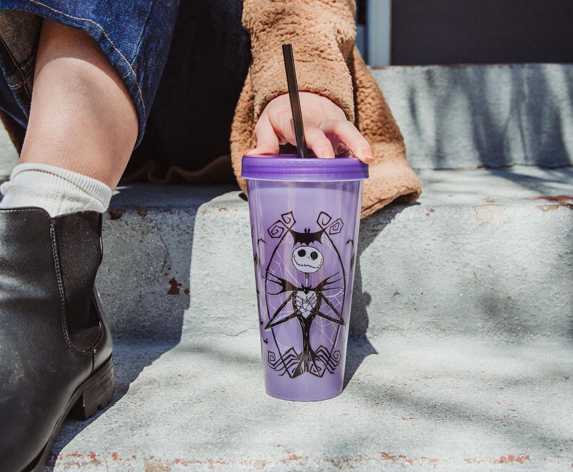 Toynk Disney The Nightmare Before Christmas Jack Skellington Color-Changing Plastic Travel Tumbler | Includes Reusable Straw, Leak-Resistant Lid, Fake Ice Cubes | Holds 24 Ounces