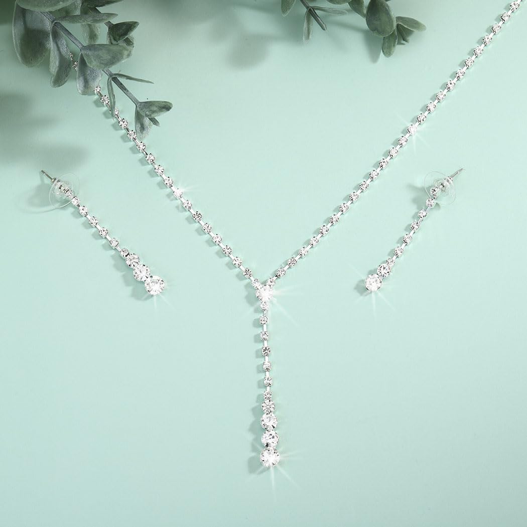 Yean Silver Bridal Jewelry Set Rhinestone Wedding Necklace and Earring Set Prom Jewelry for Women and Bride (Silver)
