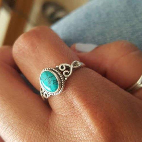 Yuren Vintage Women's 925 Sterling Silver Ring Oval Cut Natural Bohemia Turquoise Jewelry Turquoise Moonstone Ring Wedding Jewelry Size 6-10 (US Code 6)