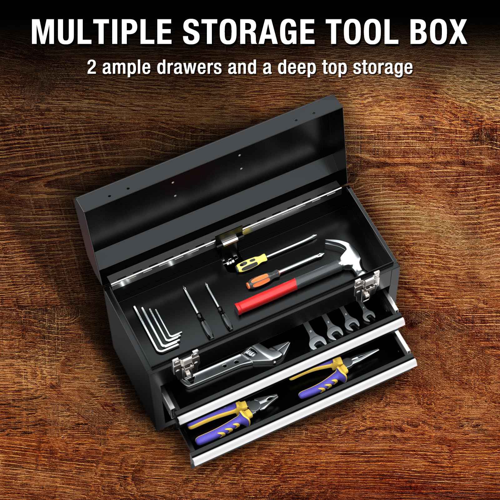 UNITEDPOWER Portable Metal Tool Box,2-Drawer Steel Organization Micro Tool Chest for Household, Warehouse, Repair Shop, Black