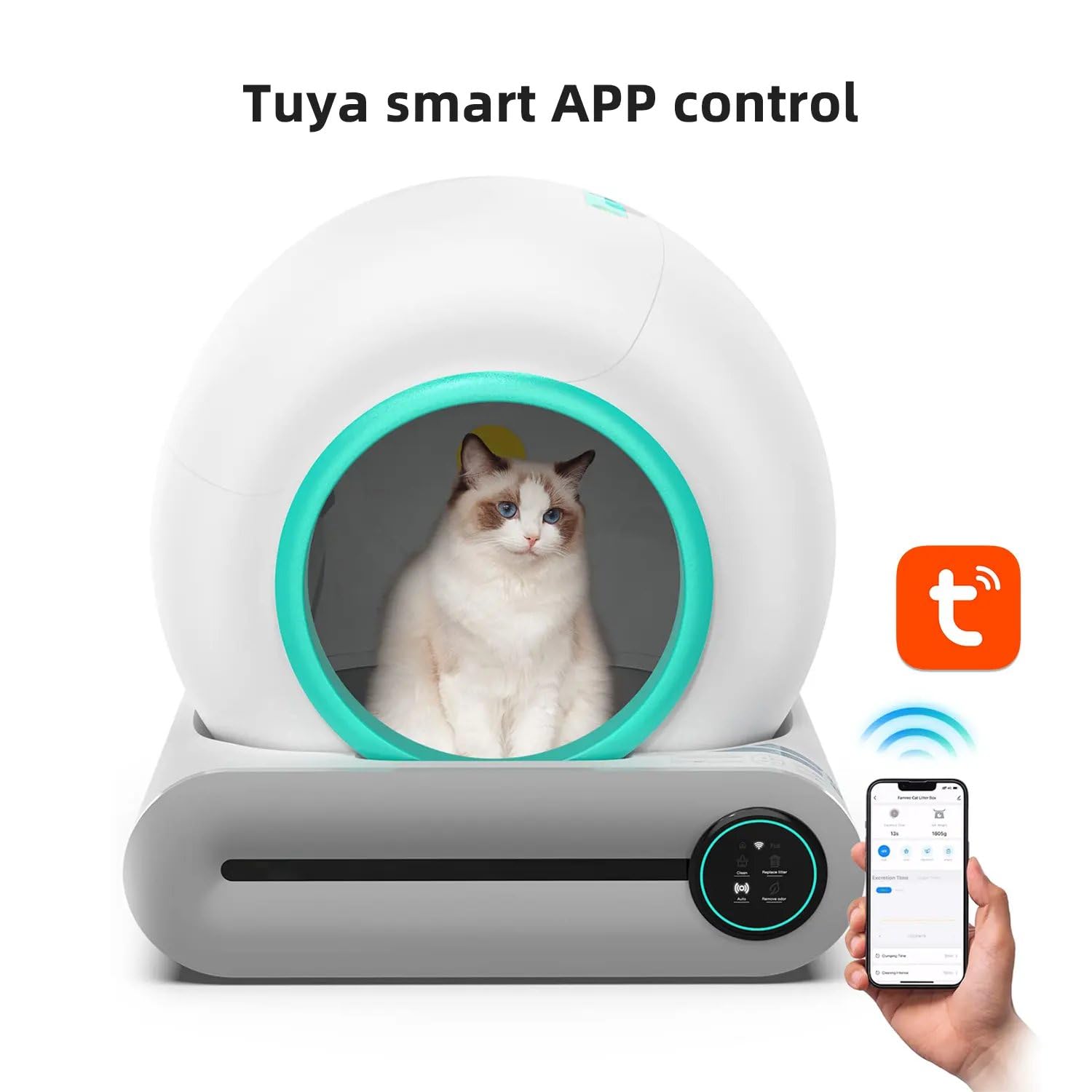 Smart Electronic Self Cleaning Big Automatic Enclosed Cat kitty Litter Toilet Box, Spacious Large (45 ft³, 17.2 Gal), Auto Clean Cat Litter Box with APP Control