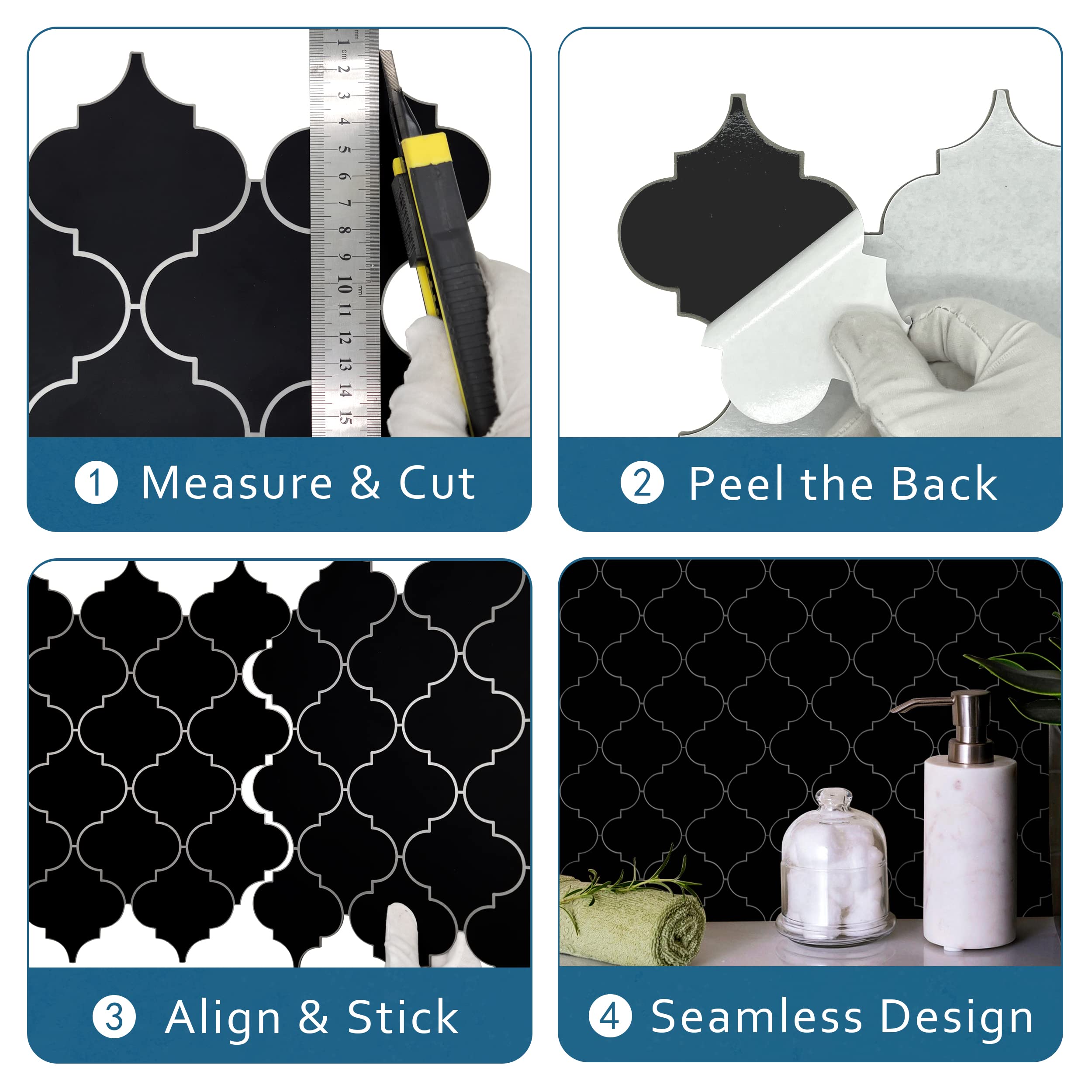The Tiles Plaza Arabesque Peel and Stick Backsplash Tile, Self Adhesive Stone Composite Wall Tile, Black Lantern Decorative Stick on Tile for Kitchen, Bathroom, Fireplace, 10 Sheets