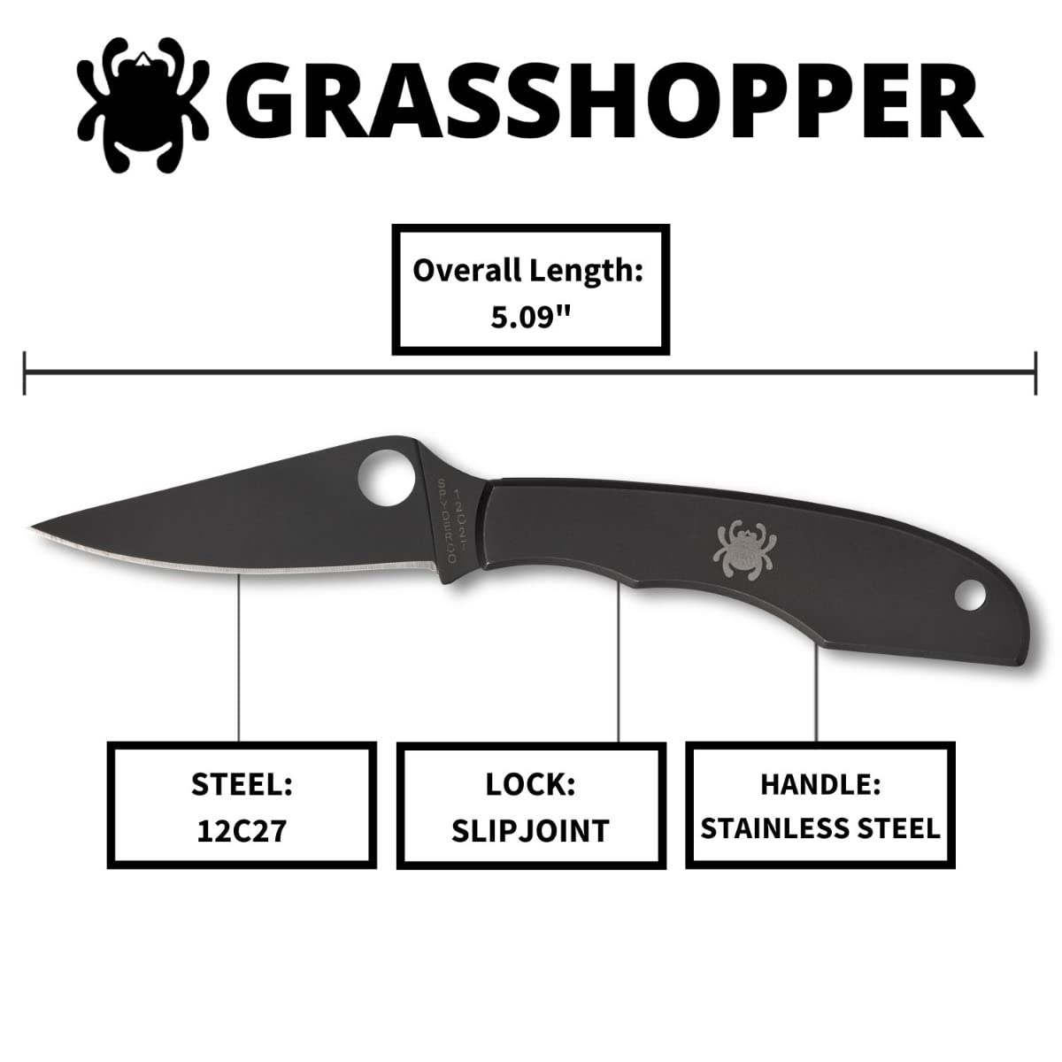 Spyderco Grasshopper Black Non-Locking Knife with 2.30" 3CR Steel Blade and Durable Steel Handle - PlainEdge - C138BKP