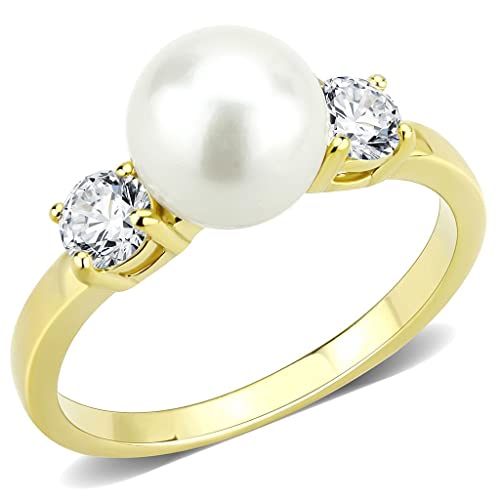 Zawadee TK3567 - IP Gold(Ion Plating) Stainless Steel Ring with Synthetic Pearl in White Size 7