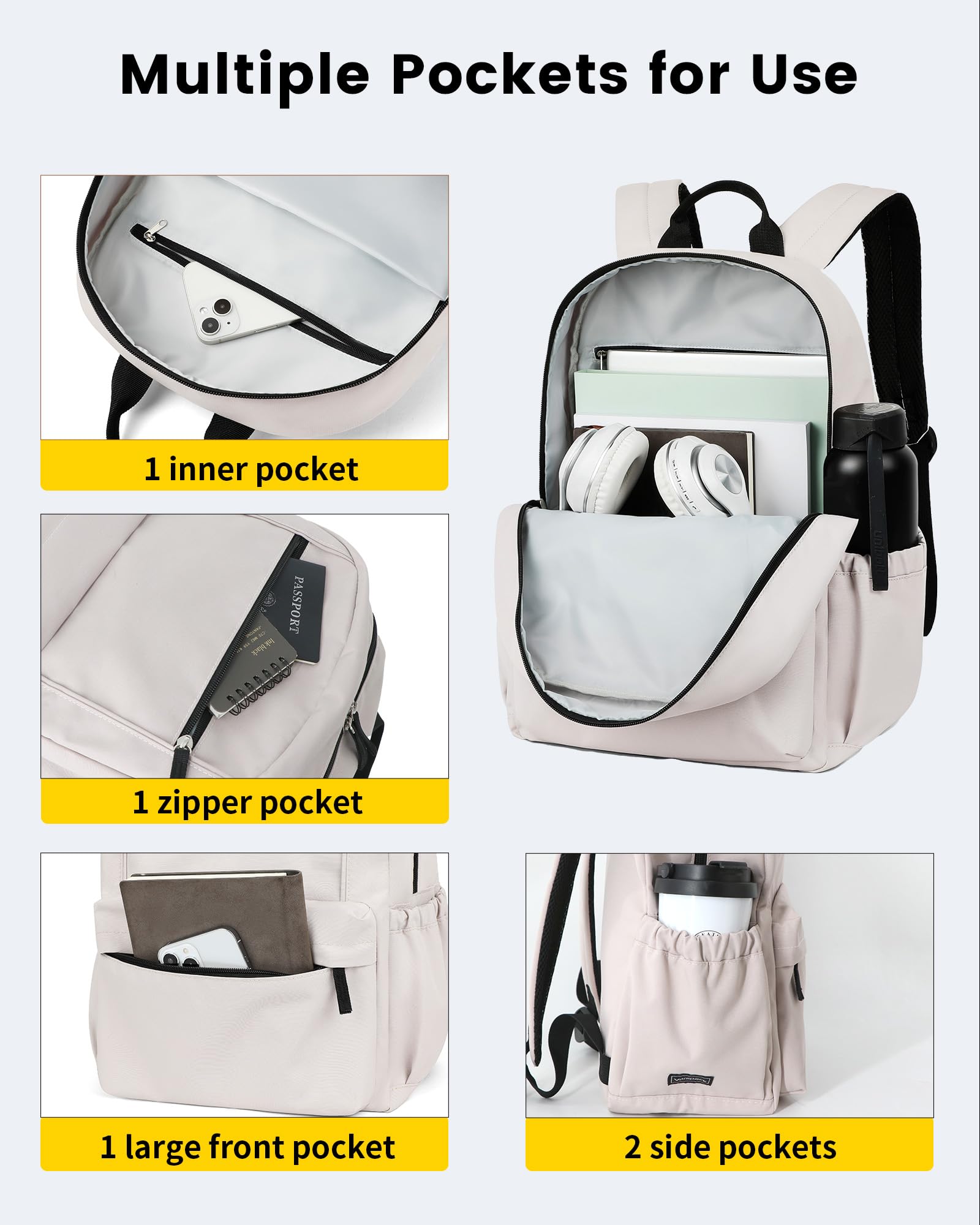 Vorspack Backpack for Men and Women - Lightweight Backpack Classical Basic Bookbag with Multi-pockets Casual Daypack for College Workplace Travel - Beige