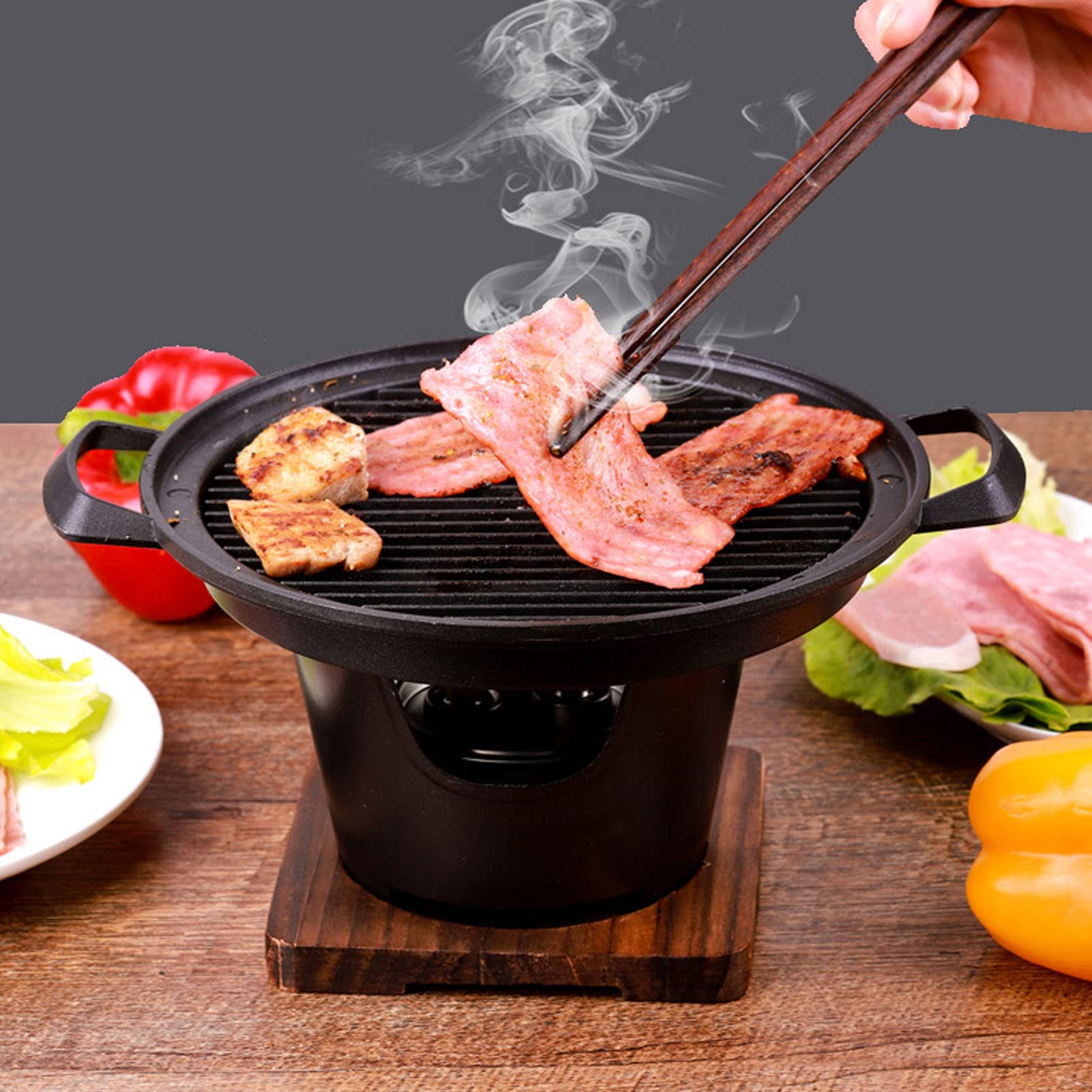 Srum Mini Bbq Grill, Japanese Non Stick Single Charcoal Grill Alcohol Stove with 6.5in Removable Grilling Plate Triangular Stove Wooden Base Tabletop Grill for Camping Picnic Home(HN BBQ18D)