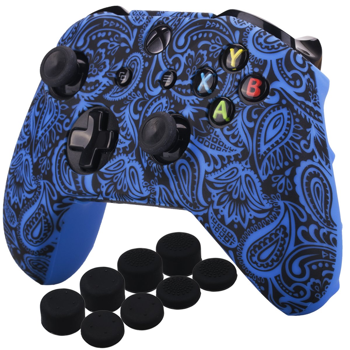 YoRHa Water Transfer Printing Skull Silicone Cover Skin Case for Microsoft Xbox One X & Xbox One S Controller x 1(White) with PRO Thumb Grips x 8