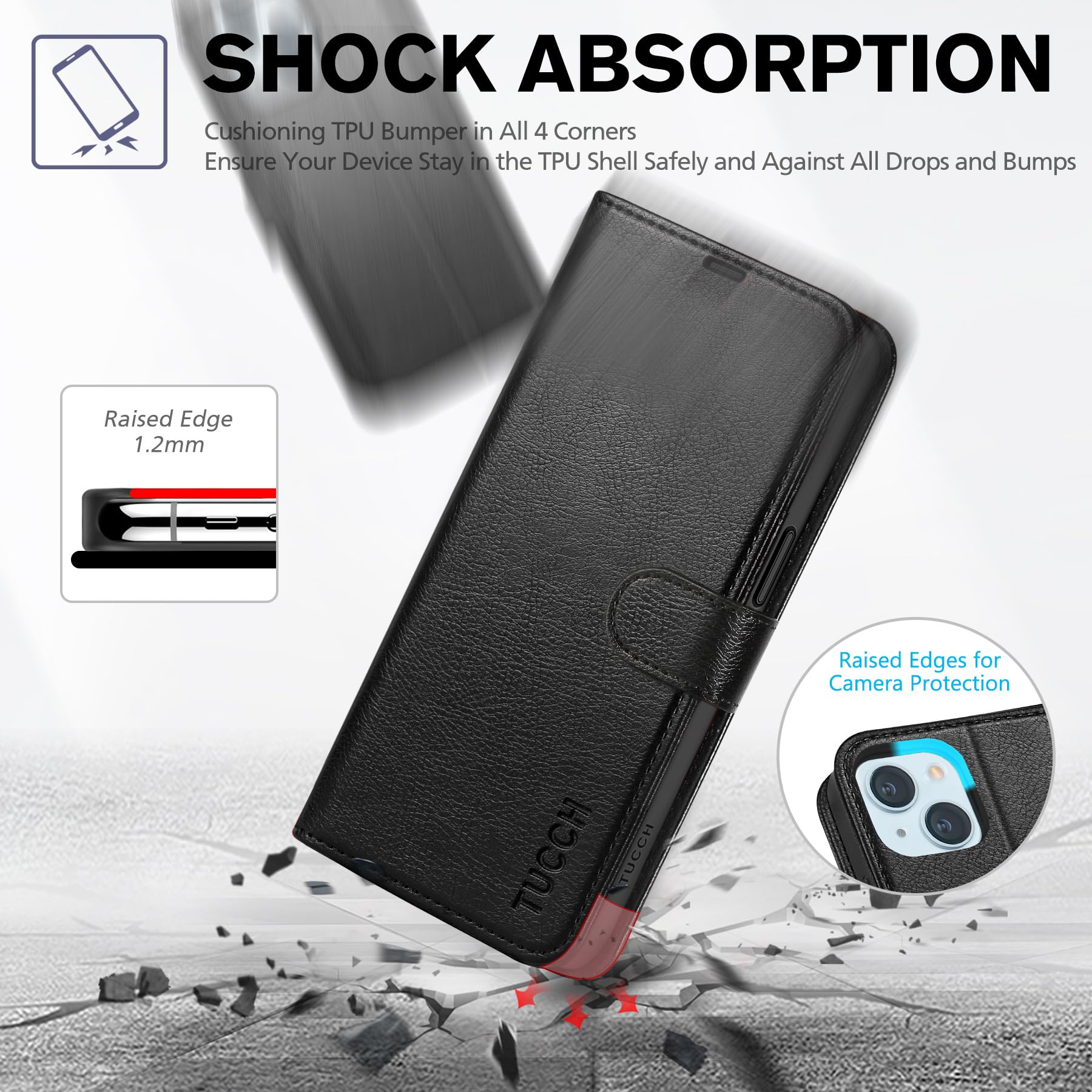 TUCCH Case for iPhone 15 Wallet Case, Kickstand [RFID Blocking] 4 Card Slots Protective TPU Interior Case, PU Leather Magnetic Shockproof Flip Cover Compatible with iPhone 15 6.1" 2023, Textured Black
