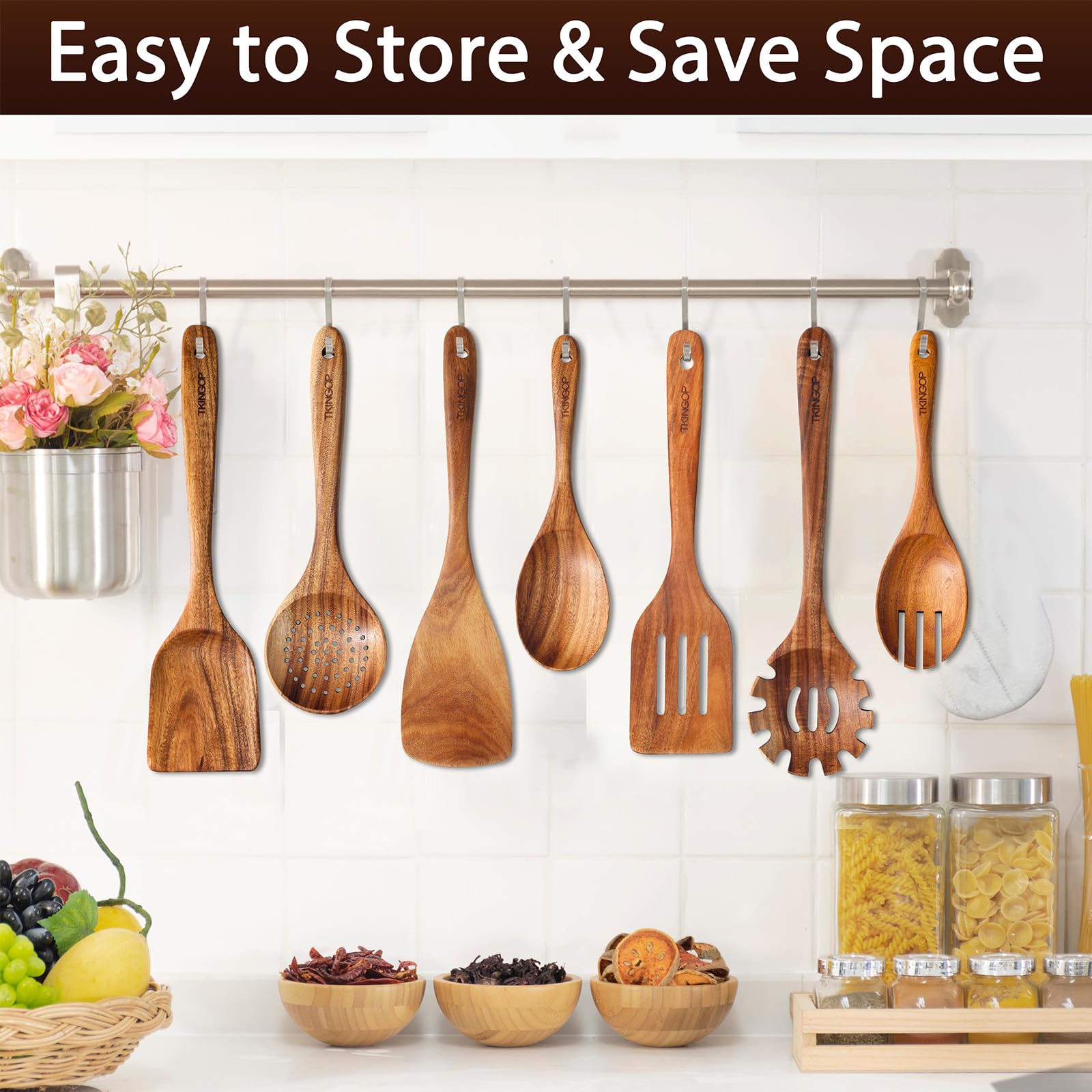 TKINGOP 9PCS Wooden Spoons for Cooking Handmade Natural Teak Wooden Utensils for Cooking with Holder & Spoon Rest Comfortable Grip Kitchen Utensils Set