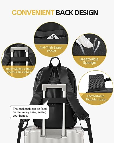 VECAVE Lightweight Backpack for Women Men,Travel Casual Daypack Laptop Rucksack, Waterproof College High Secondary Bookbag PU Leather Computer Laptop Bag Black