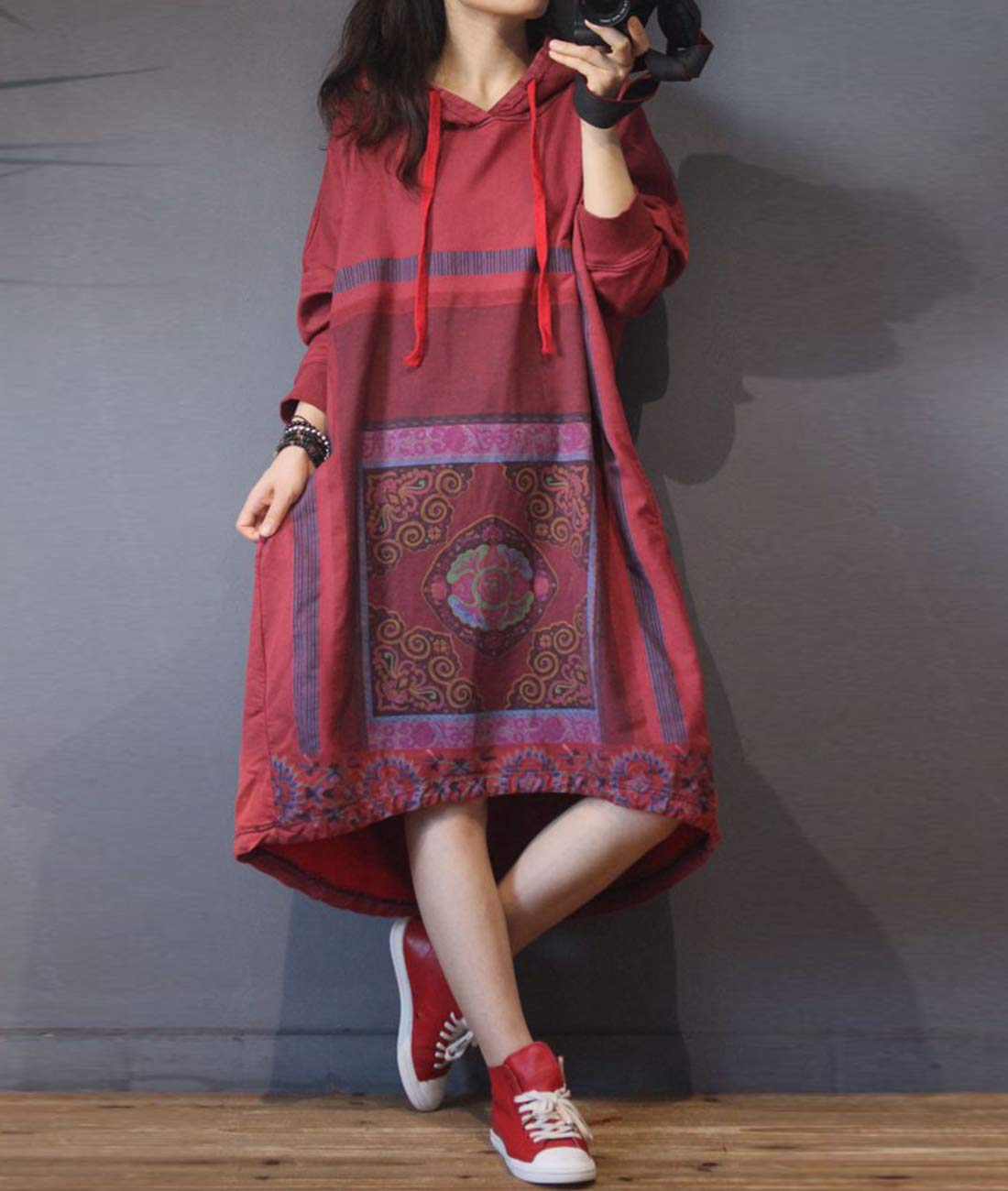 YESNO Women Casual Loose Ethnic Floral Hoodies Sweatshirts Jackets Curved Hemline with Drawstring Long Sleeve/Pockets JCJ (One Size YK9 Red)