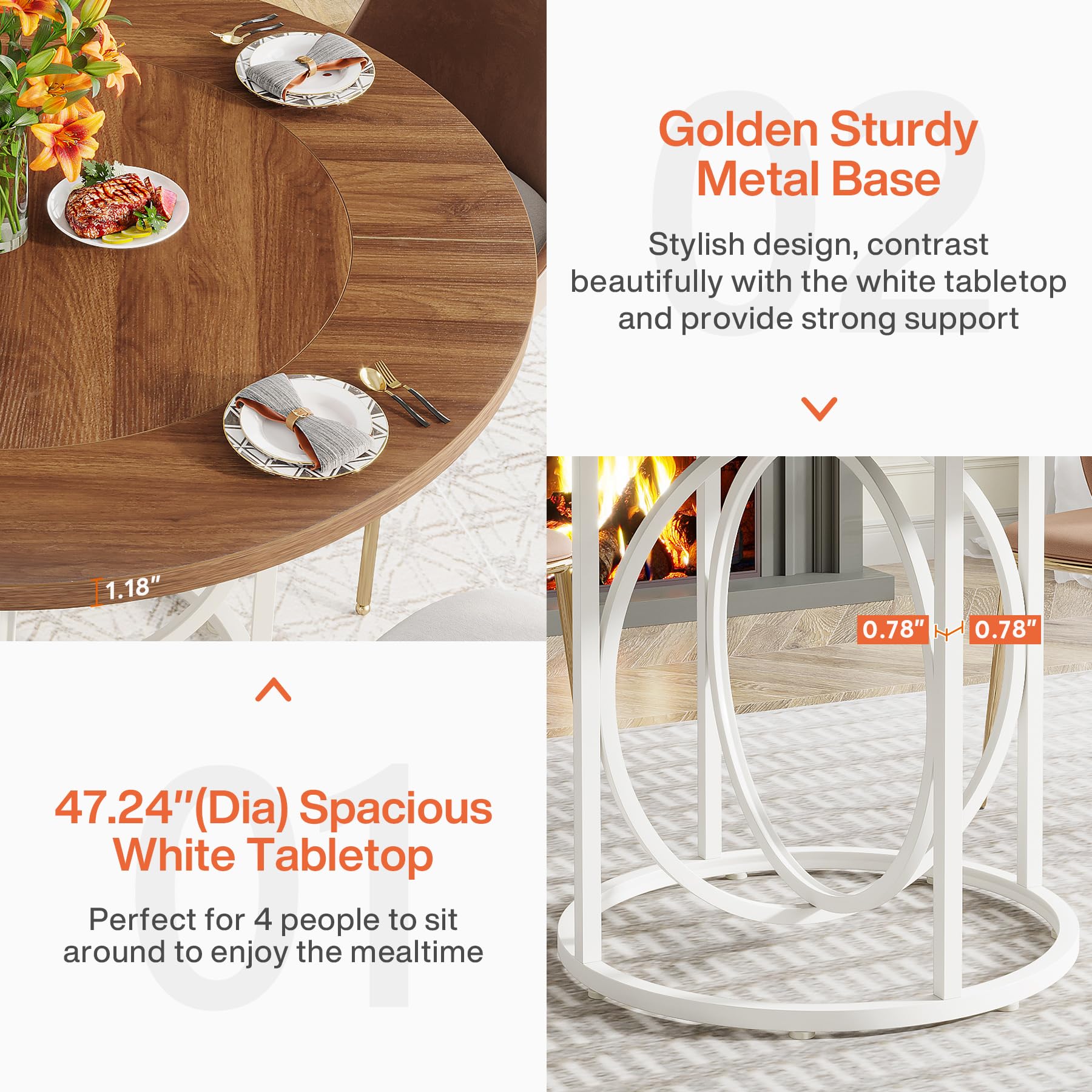 Tribesigns Modern Round Dining Table for 4-6, 47 Inch Brown Kitchen Table with White Base, Wood Dinner Table Coffee Table for Home Dining Room, Kitchen, Living Room, Apartment, Cafe’