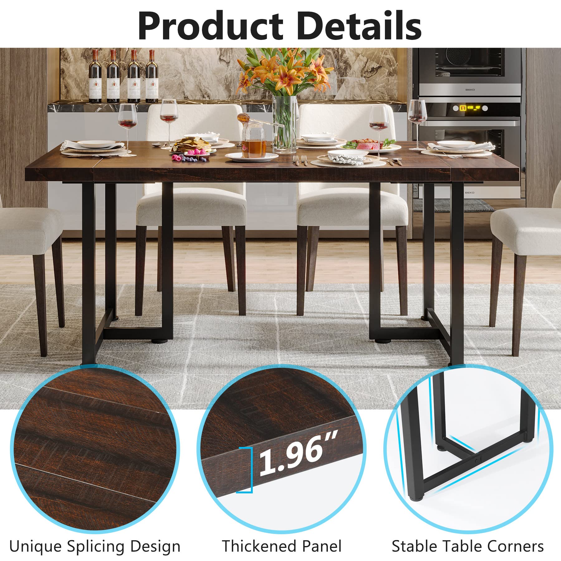 Tribesigns Dining Table for 6, Rectangular Dining Table with Strong Metal Frame, 63-inch Industrial Wood Kitchen Table for Dining Room, Home Furniture (Rustic Brown & Black)