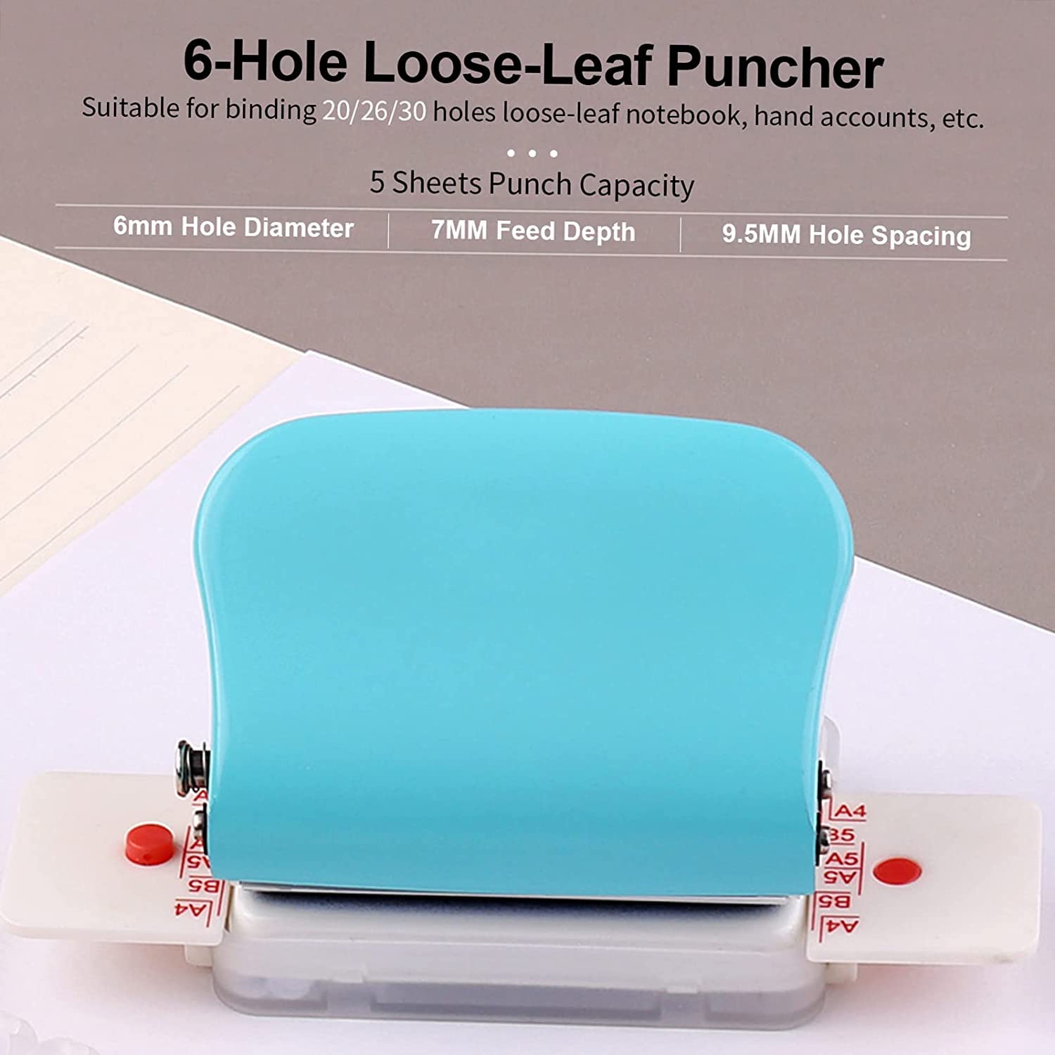 SQWAN Metal 6 Hole Punch, Portable Handheld Hole Puncher, Daily Paper Puncher for A4/A5/B5 Size, Loose Leaf Hole Punch, 5 Sheet Capacity (Green)