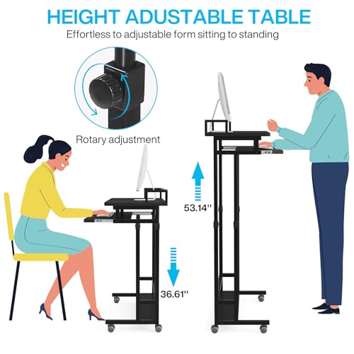 Tribesigns Rolling Computer Desk, Adjustable Height Couch Sofa Table with Pull Out Keyboard Tray for Laptop, Mobile Portable Standing Desk Bed Computer Cart for Small Space (Black)