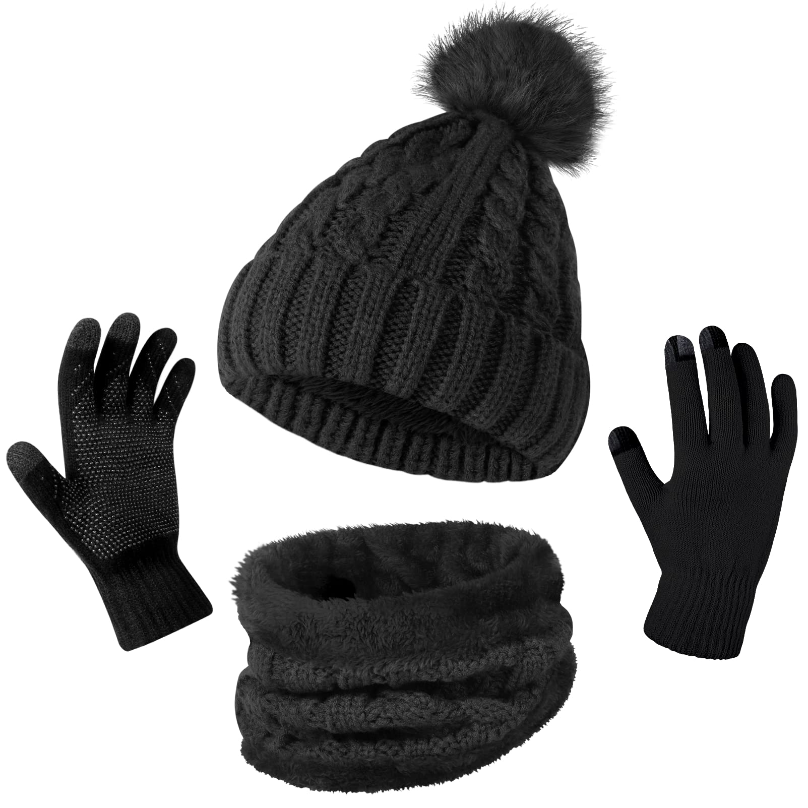 YSense Womens Winter Hat Scarf Glove Set, Warm Fleece Lined Pom Beanie Hat Neck Warmer and Touchscreen Gloves