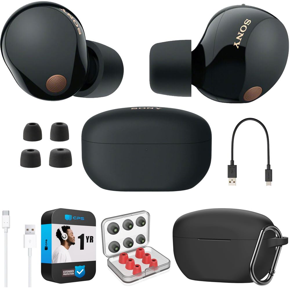 Sony WF-1000XM5 Industry Leading Noise Canceling Truly Wireless Earbuds (Black) Bundle with Silicone Case (Black), Memory Foam Ear Tips, USB-A to USB-C Cable & 1 YR CPS Enhanced Protection Pack