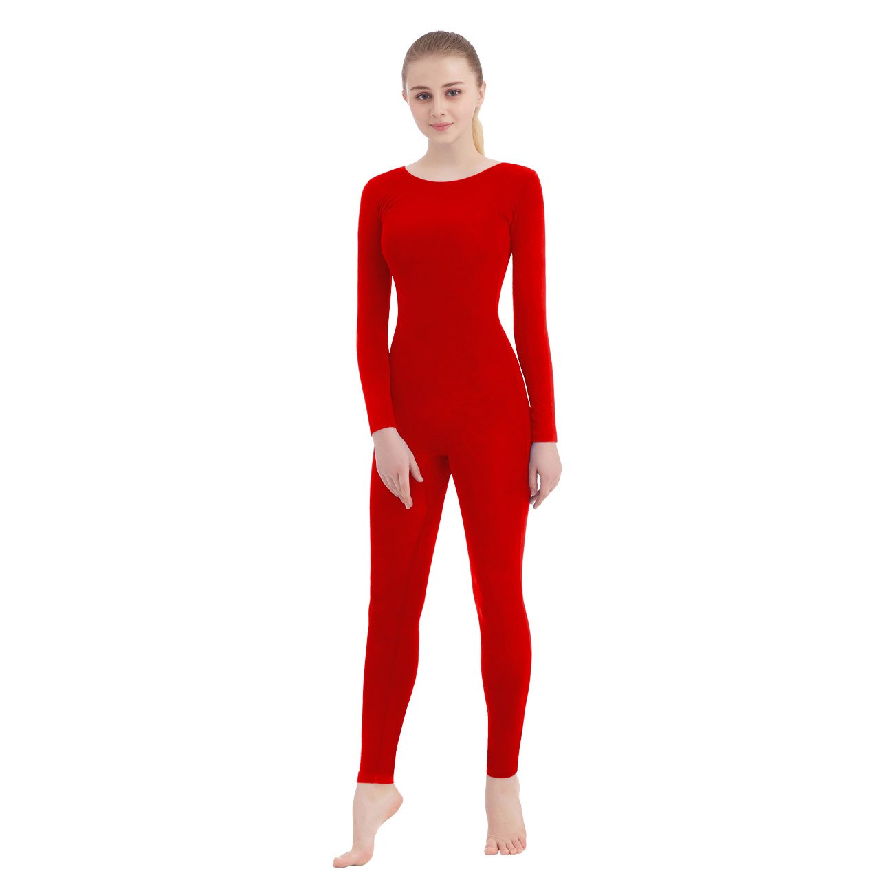 Unisex Scoop Neck Footless Spandex Long Sleeve Unitard (Small, Red)