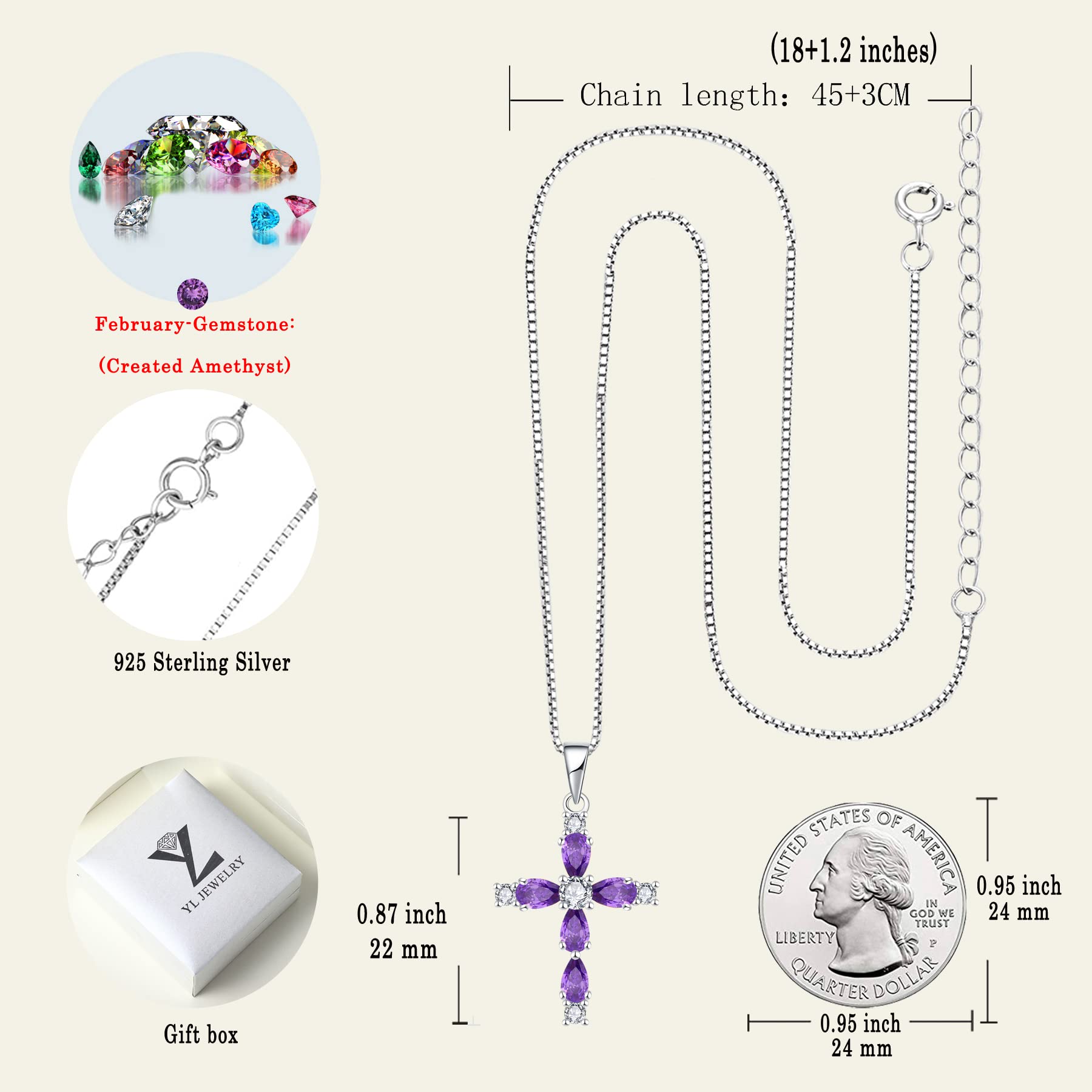 YL Cross Necklace 925 Sterling Silver Created Amethyst Pendant Religious Jewelry 18K White Gold Plated Gemstone Christian Baptism Gift