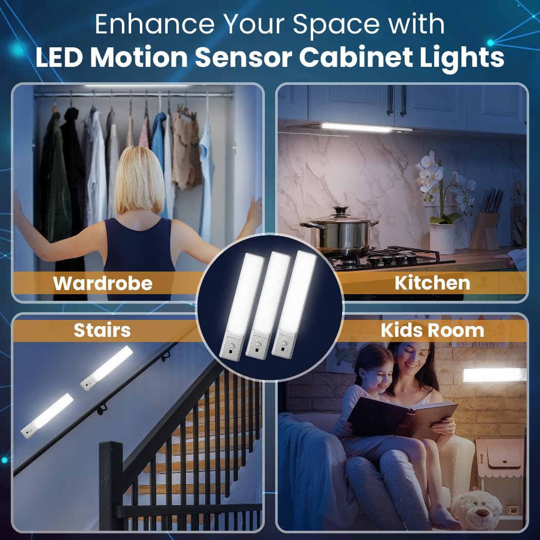 VYANLIGHT Kitchen Under Cabinet Lights - Wireless Motion Sensor LED Light Strips for Pantry, Closet, Bathroom β Rechargeable Battery Operated Cabinet Lighting with Hand Wave Sensor (3 Pack)