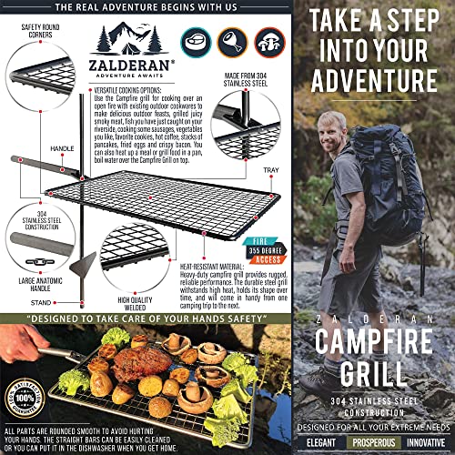 Zalderan Campfire Grill Grate. Small Lightweight, Stainless Steel, Portable, Backpack Hiking Grill.