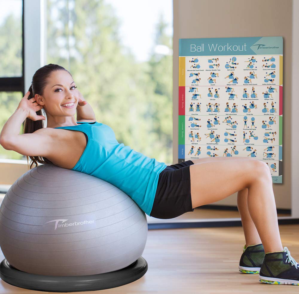 Timberbrother Exercise Ball Chair with Resistance Bands Workout Poster 16.5”x 22.4”,Stability Ball Base for Gym and Home Exercise(Blue with Ring & Bands)