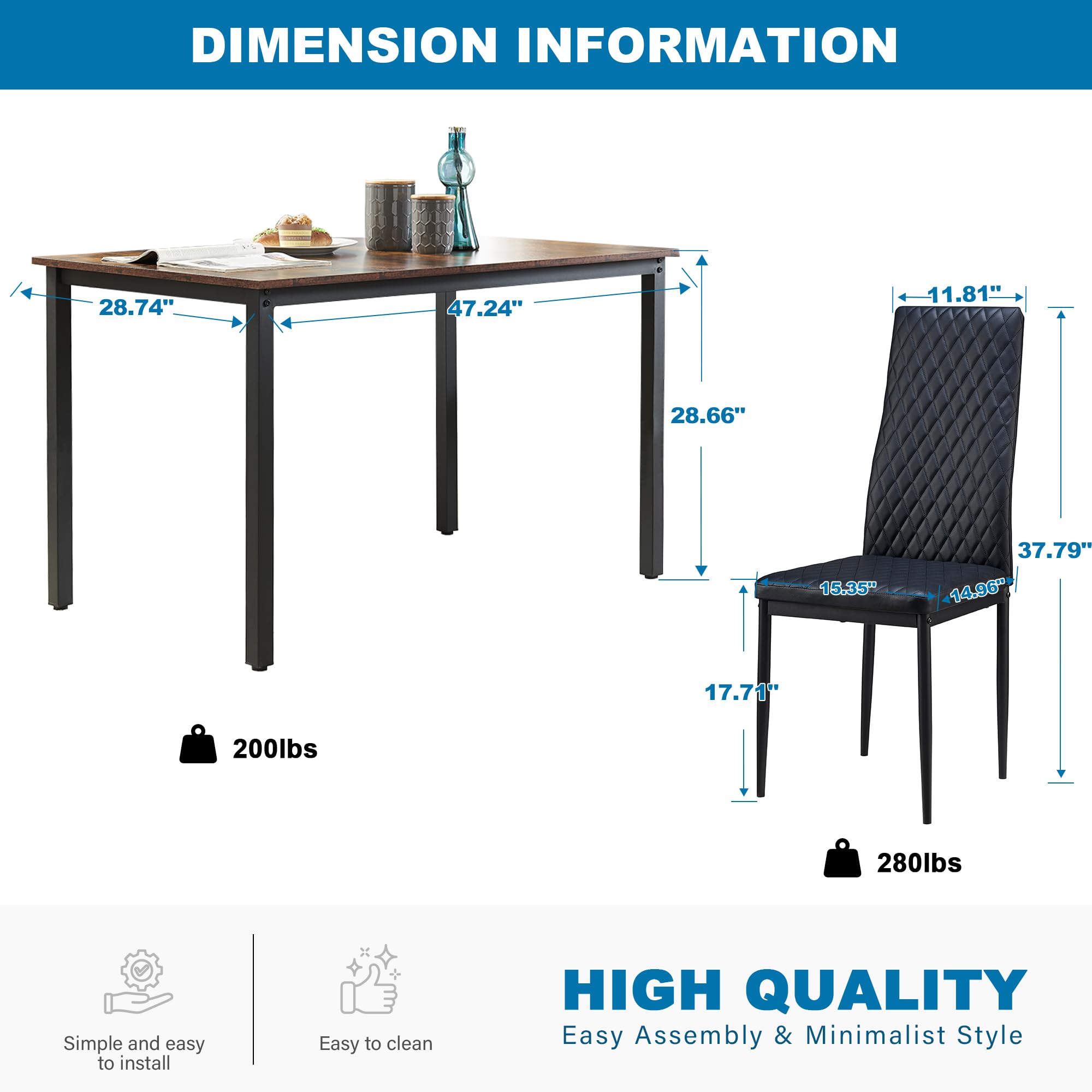 VITOVMA Kitchen & Dining Table Set for 4, MDF Dining Room Table with 4 PU Leather Chairs, Sturdy and Space Saving for Apartment (Dining Table Set)