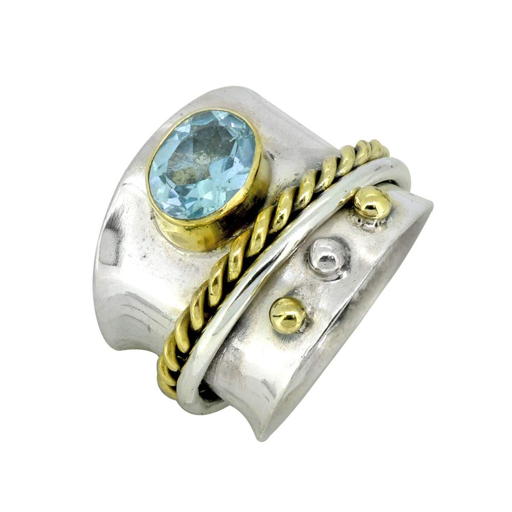 YoTreasure Blue Topaz Solid 925 Sterling Silver Brass Rope Wide Band Boho Ring