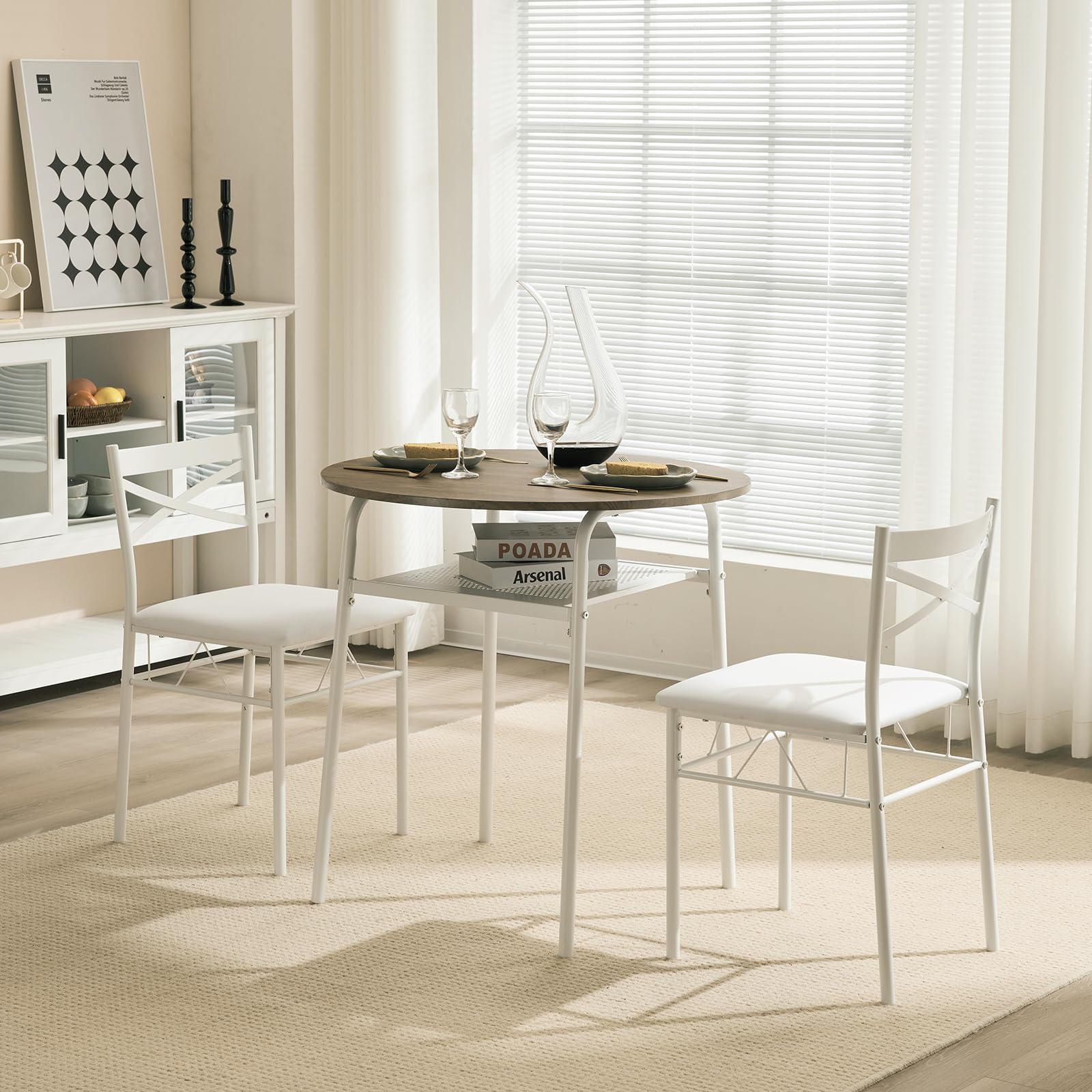 VINGLI 3 Piece Round Dining Set,29.5" Small Dining Table Set for 2,Round Kitchen Table with 2 Chairs Set for Small Space/Dining Room/Apartment,Upholstered Chairs,Metal Frame,Storage Shelf (White)