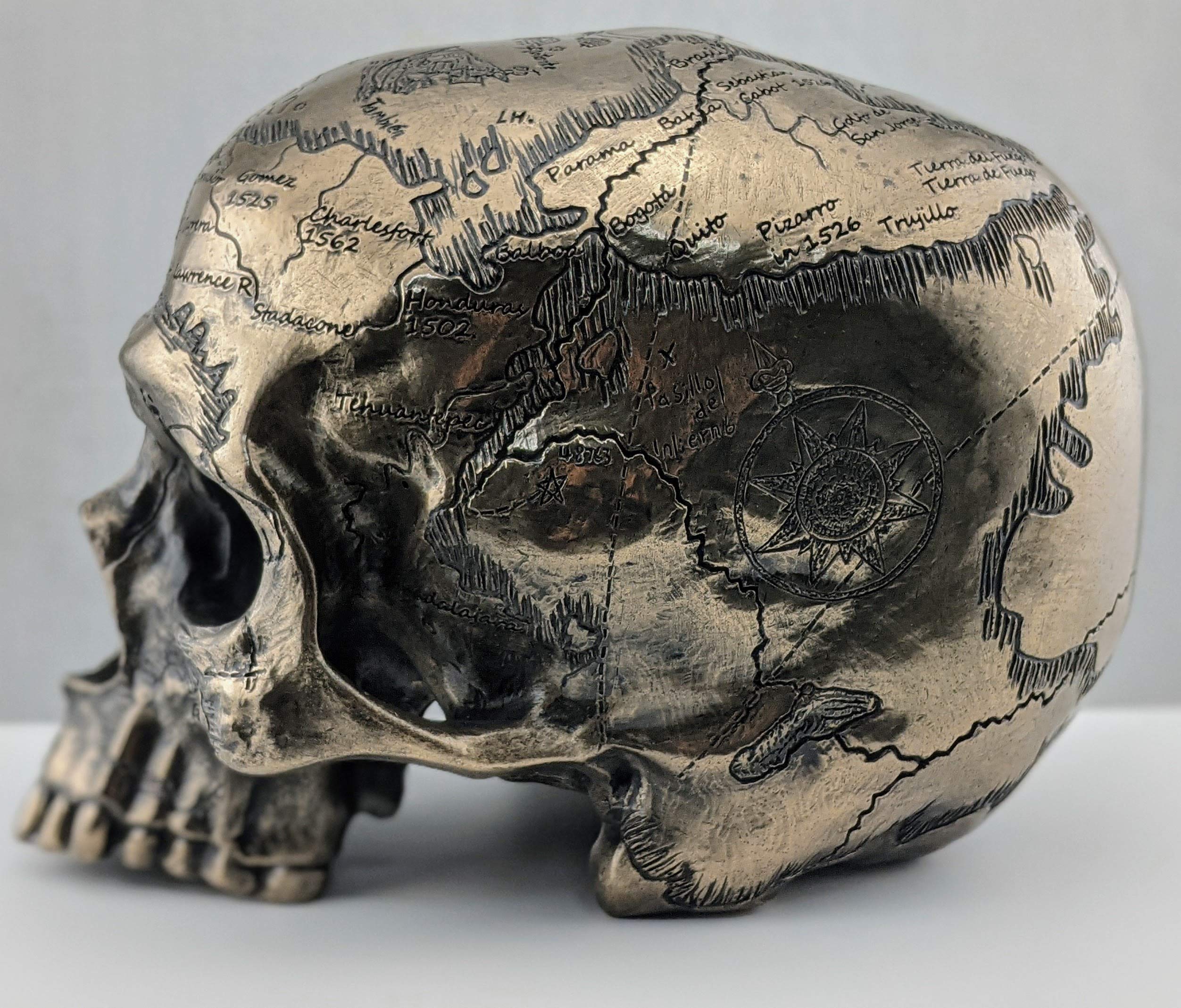 Veronese Design 5 3/8 Inch Craniumography Old Treasure Map Skull Sculpture Cold Cast Resin Bronze Finish Statue