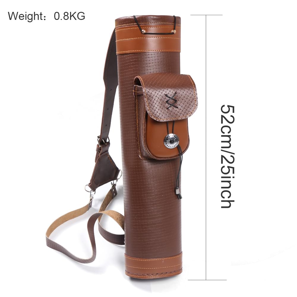 TOPARCHERY Traditional Shoulder Back Quiver Bow Leather Arrow Holder with Large Pouch Handmade Straps Belt Bag Brown