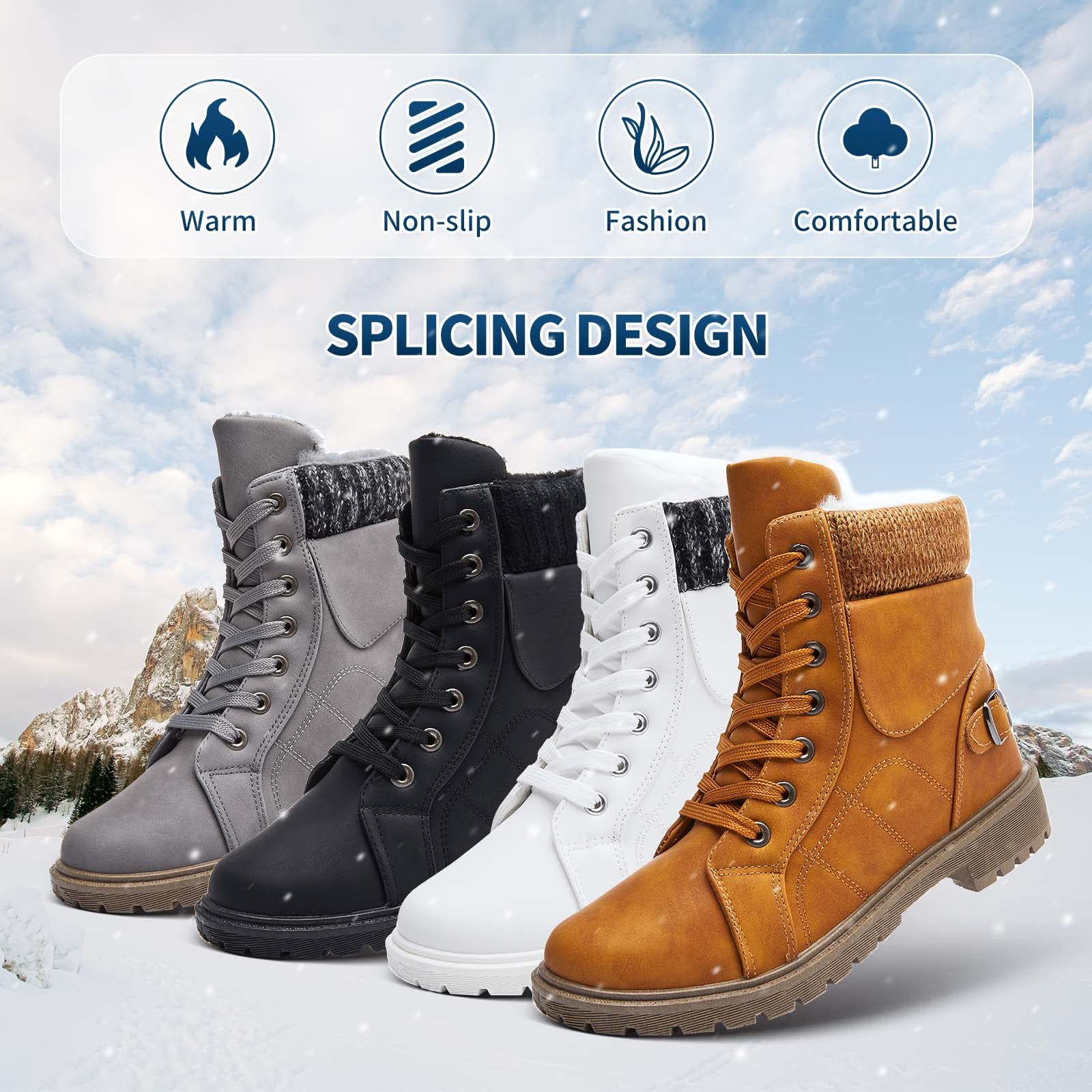 XRH Women Lace Up Combat Boot Winter Snow Boots Warm Fur Lined Ankle Booties Waterproof Hiking Boot for Women Non Slip Leather Boot Shoes(White.US10)