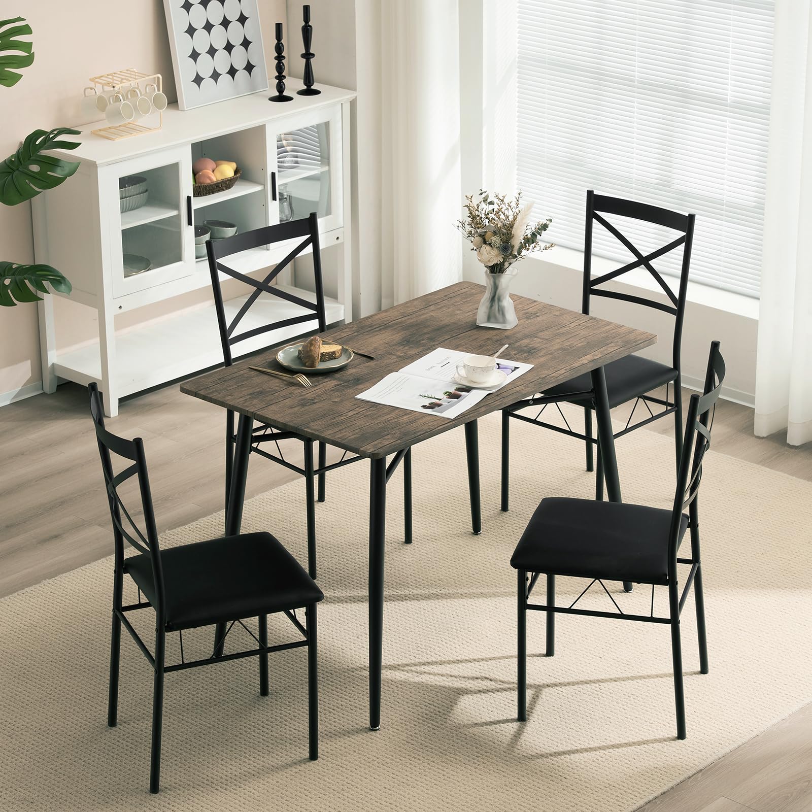 VINGLI 43.3" Dining Table Set for 4, Small Kitchen Table and Chairs for Small Space, 5 Pieces Modern Metal and Wooden Dining Table with Chairs Set for Dining Room, Apartment - Brown