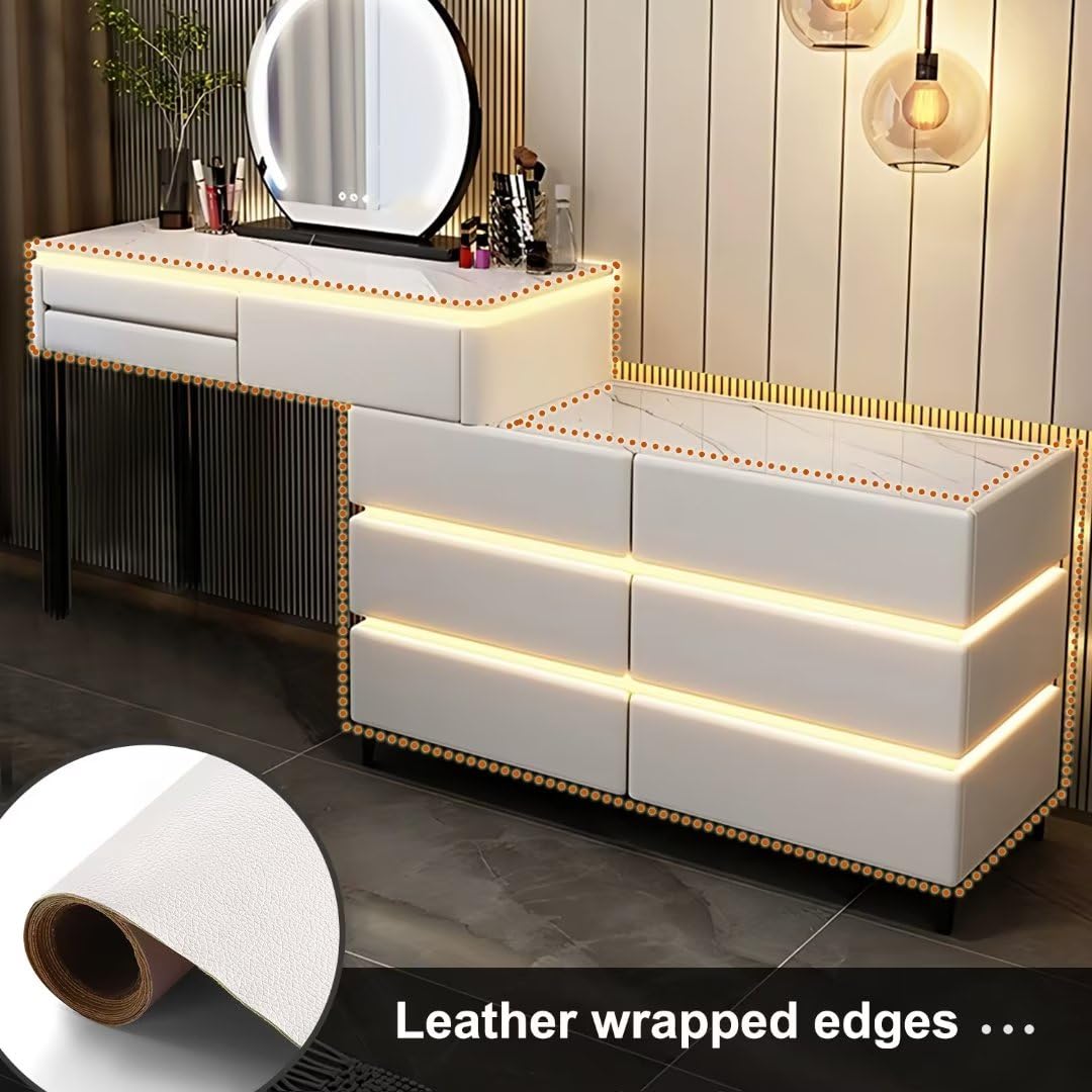VELLE Vanity, Makeup Vanity with Cabinets and Ambient Light, Vanity Desk Set includes Smart HD Lighted Mirror and Vanity Chairs, Solid Wood Frame Vanity for Bedroom (47", 9 Drawers)