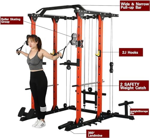 Versatile Power Cage with LAT Pulldown, Weight Storage, and Optional Bench Sturdy 1200 lb Capacity Power Rack for Home and Garage Gyms Multiple Accessory Squat Racks for Full Body Workouts