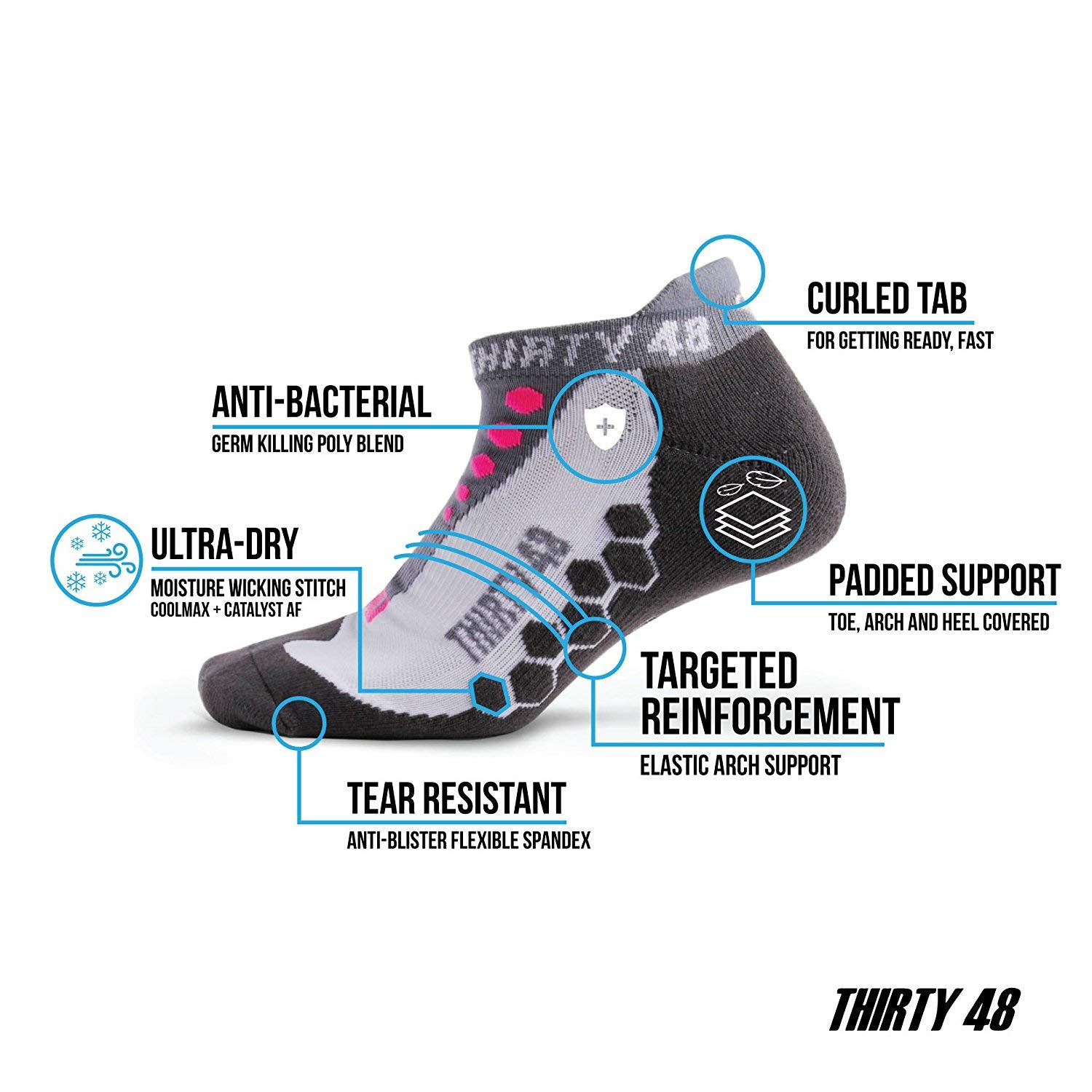 Thirty48 - Ru Cushioned Running Socks Series, 3 Pack Fluorescent Pink/Gray ,Medium