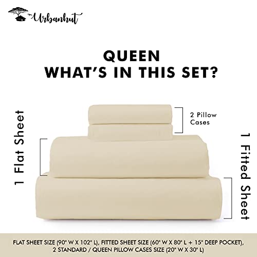 URBANHUT 1000 Thread Count 100% Cotton Queen Sheets Set (4Pc), Soft & Smooth Luxury Bed Sheets for Queen Size Bed, Sateen Weave Hotel Sheets, 16" Elasticized Deep Pocket - Ivory
