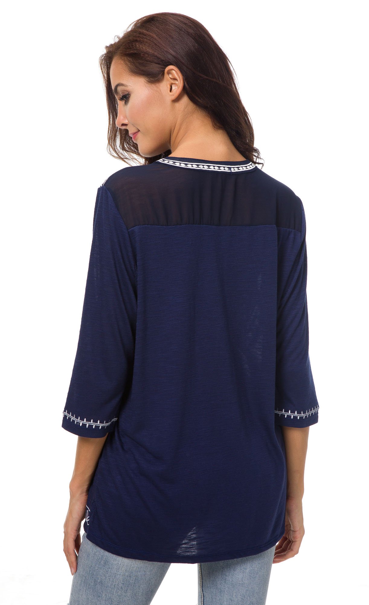 Women's Summer Tops Boho V-Neck Embroidery Short Sleeve Blouses for Women Fashion Navy Blue